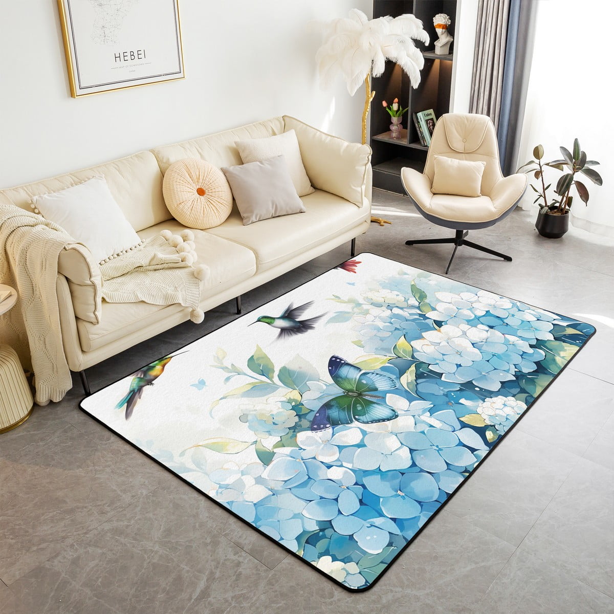 Hydrangea Carpet,Blue Ombre Butterfly Indoor Floor Mat,Hummingbird Area ...