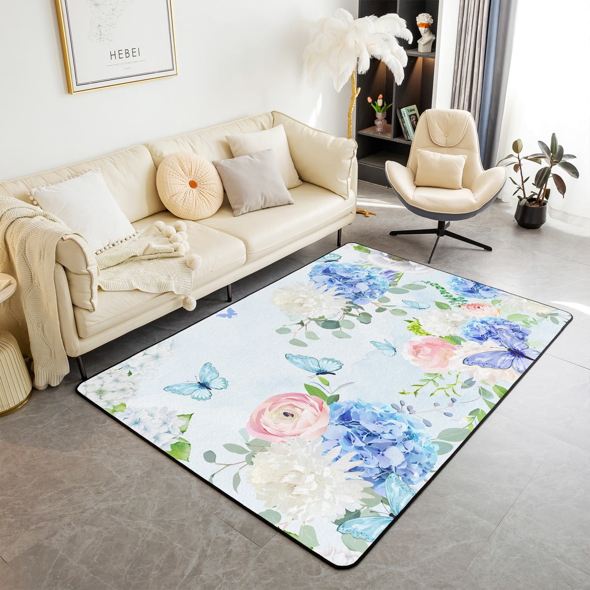 Hydrangea Decorative Rug Indoor Floor Mat 3x5,Blue White Floral Carpet ...