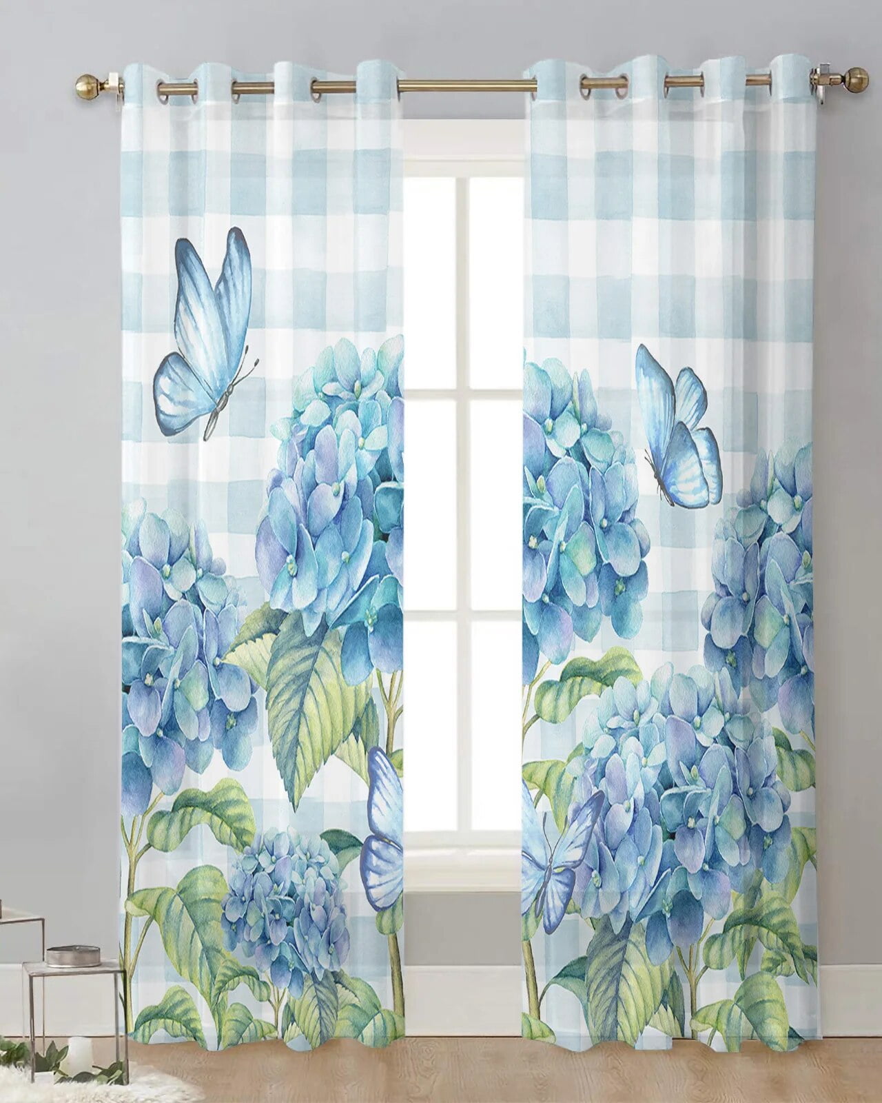 Hydrangea Eucalyptus Leaf Butterfly Farm Blue Grid Tulle Curtain Living ...