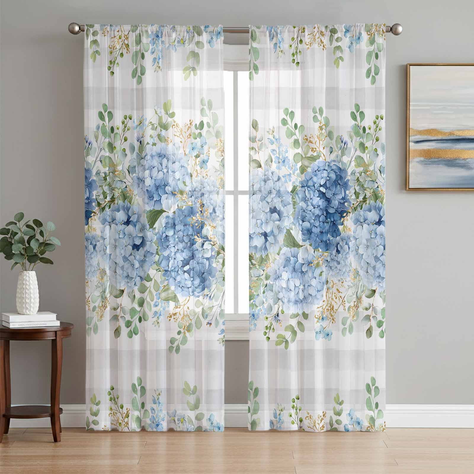 Hydrangea Eucalyptus Semi Sheer Curtains 63 Inch Length 2 Panels Set ...