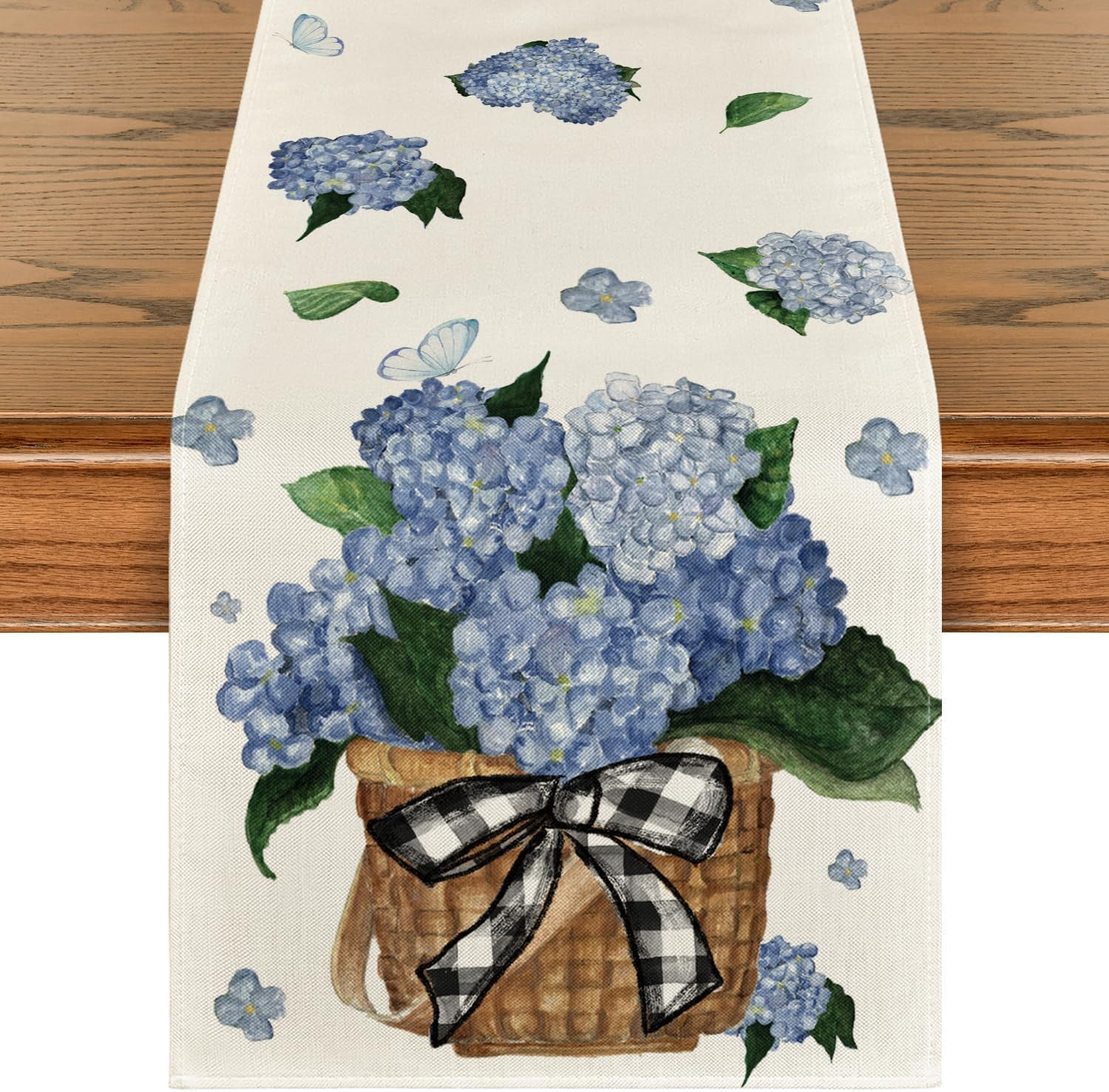 Hydrangea Flower Basket Bow Tie Summer Table Runner, Seasonal Spring ...