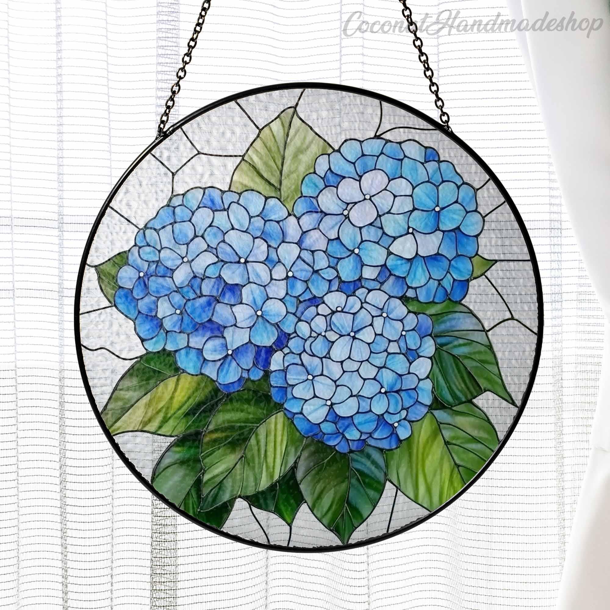 Hydrangea Flower Glass Suncatcher, Floral Hanging Window, Hydrangea ...