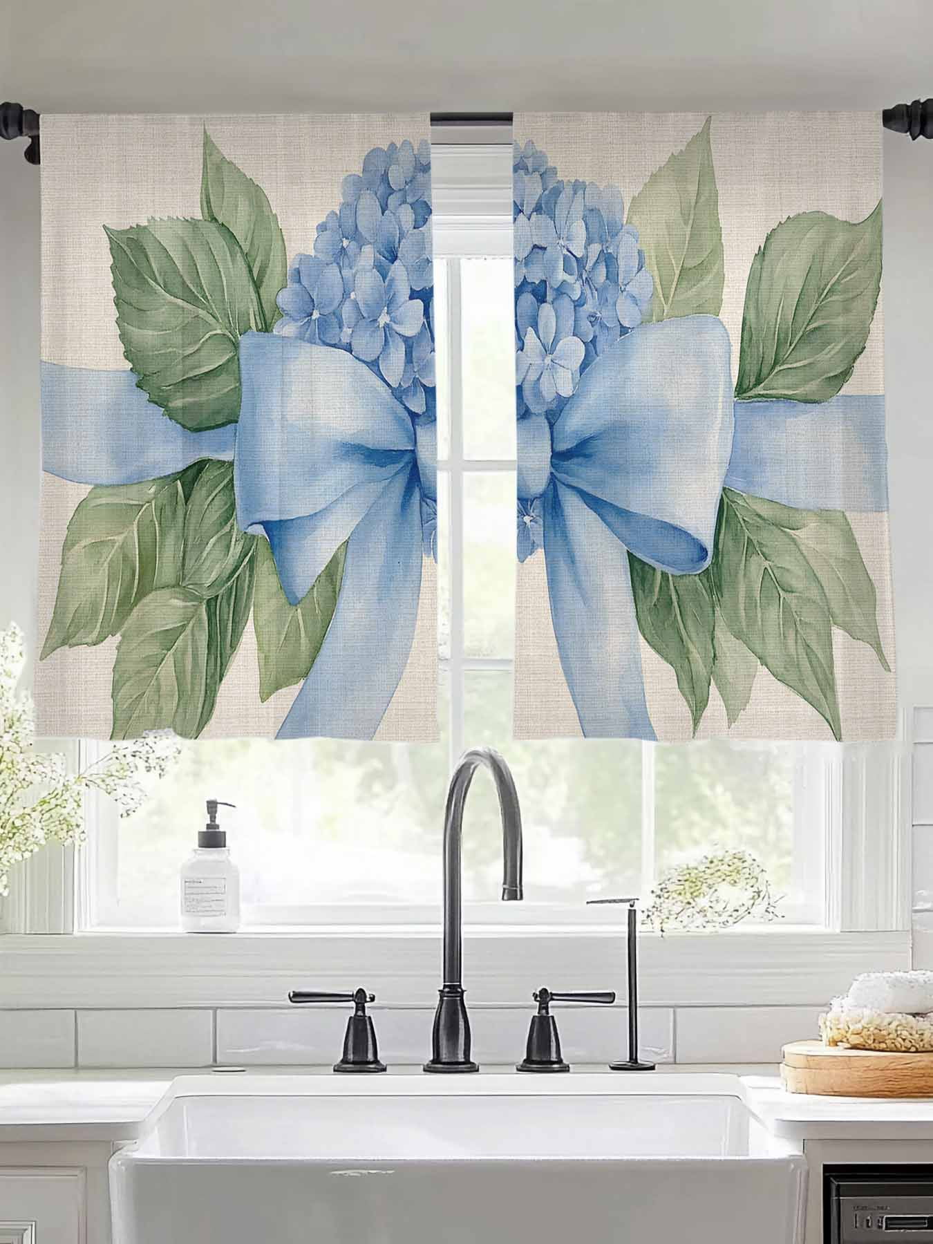 Hydrangea Flower Sheer Curtains for Living Room Bedroom Pastoral Blue ...