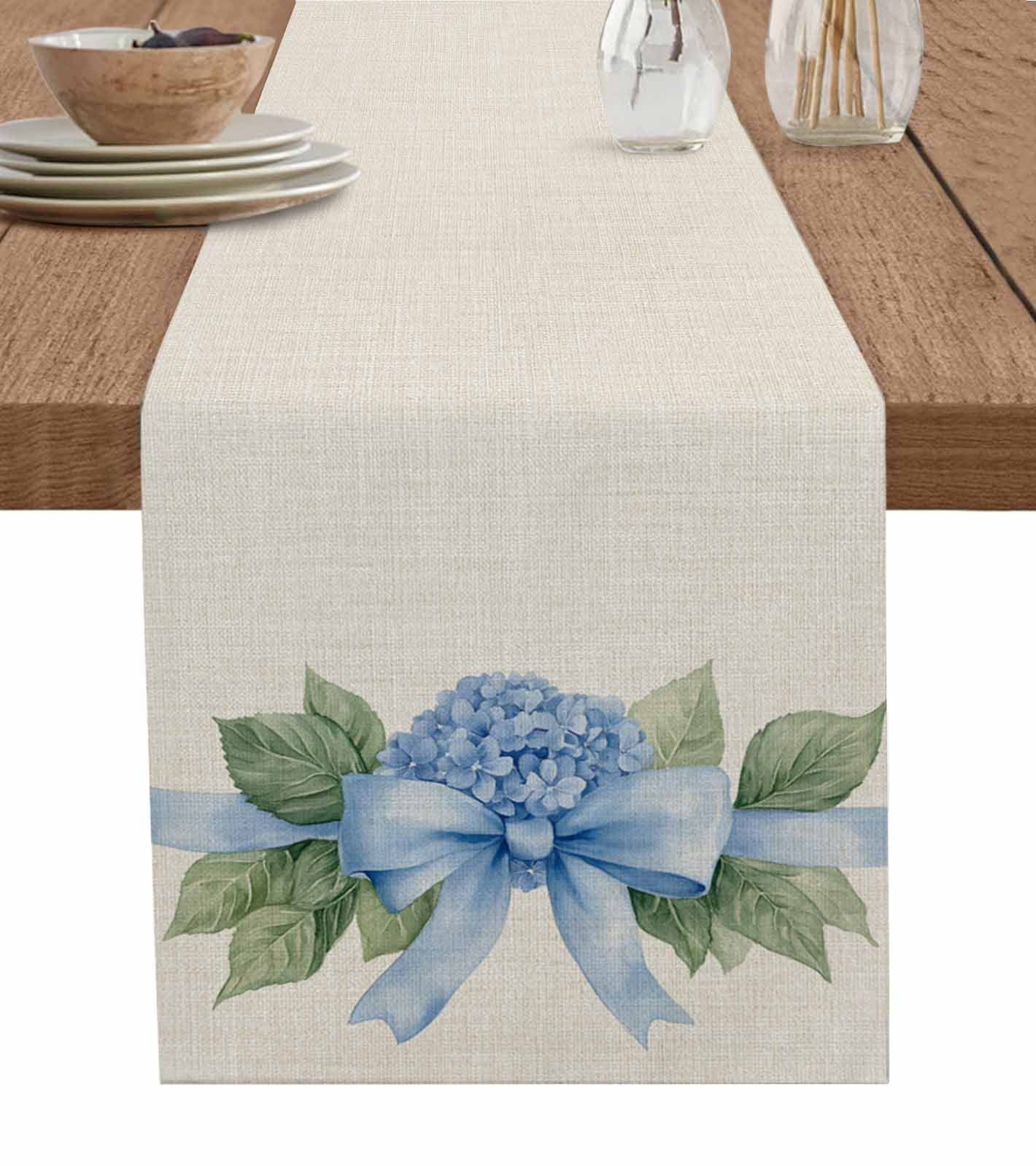 Hydrangea Flower Table Runner 70 Inches, Pastoral Blue Bow Floral Spring Lraf Bed Runner Dresser ...