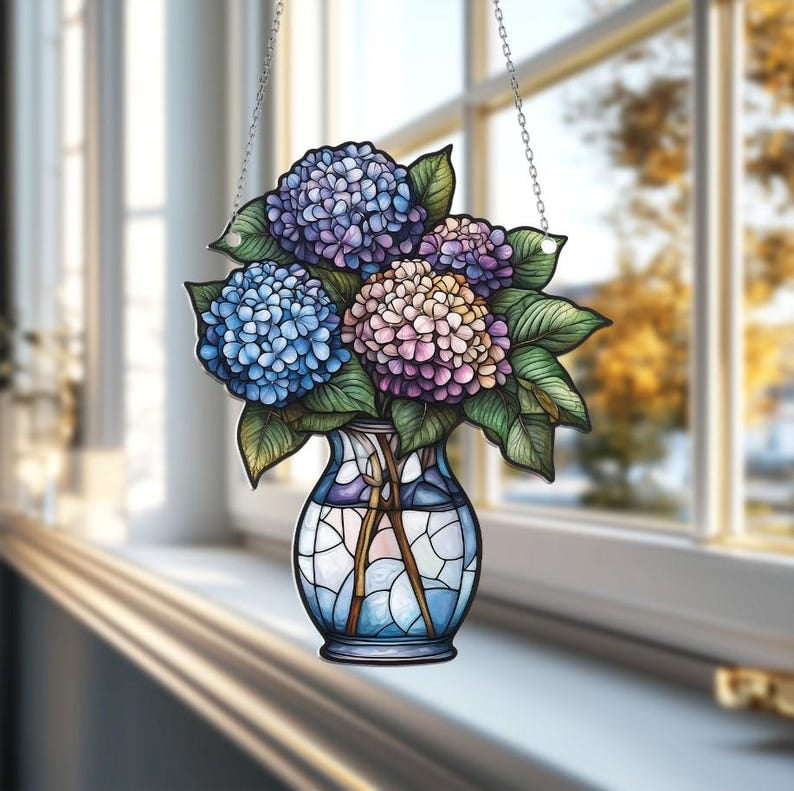 Hydrangea Flower Vase Window Hanging, Stained Glass Decoration ...
