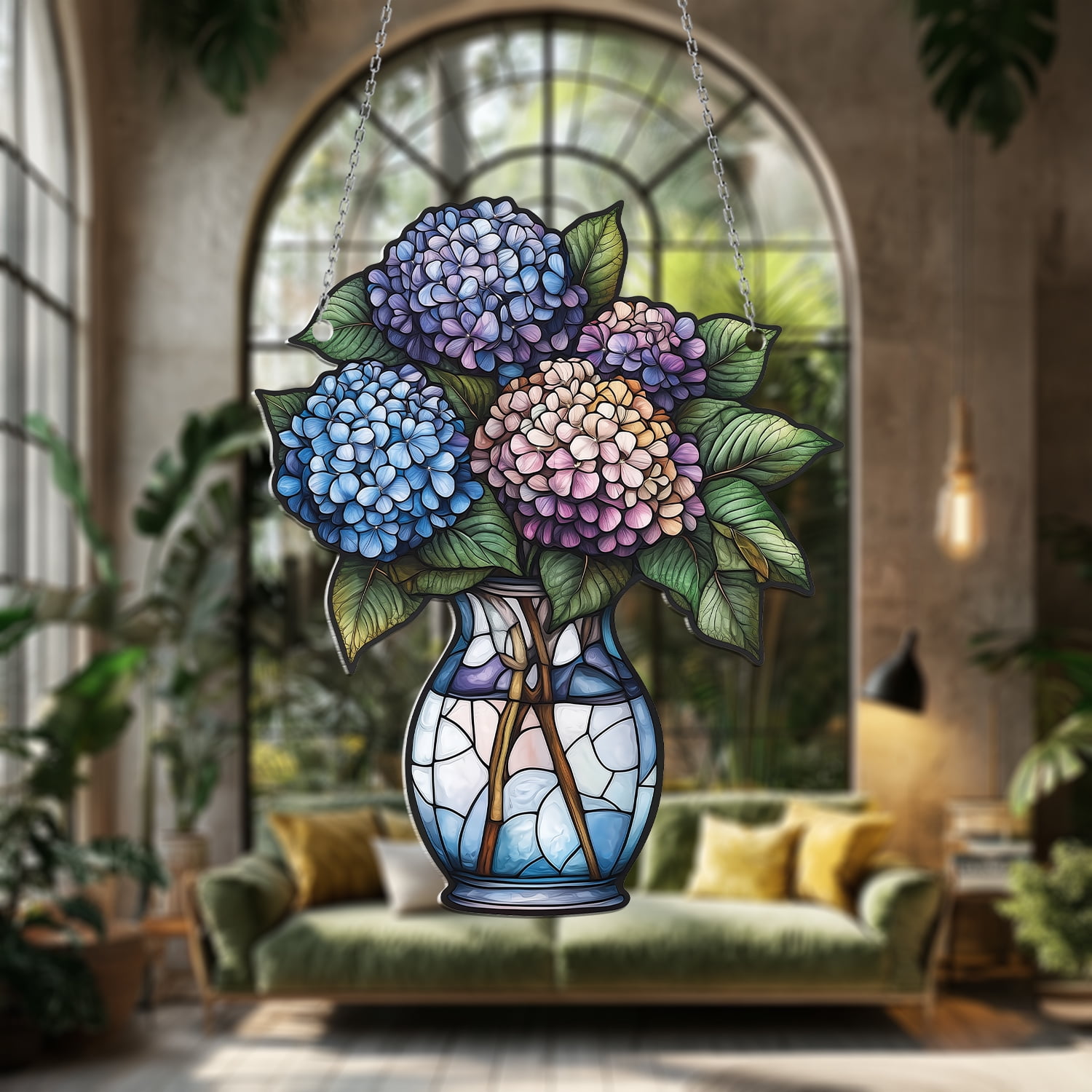Hydrangea Flower Window Hanging, Stained Glass Style Car Decoration ...