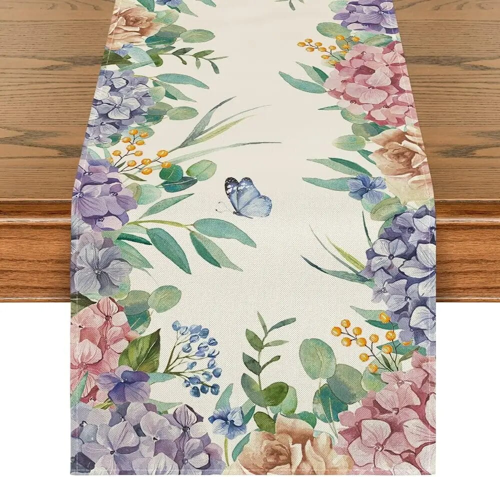 Hydrangea Flowers Eucalyptus Summer Linen Table Runners Seasonal Spring ...