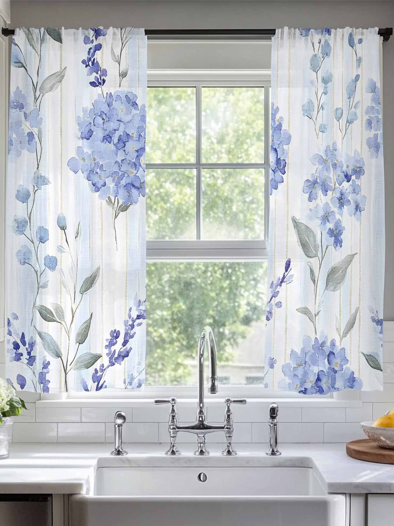 Hydrangea Leaves Sheer Curtains for Living Room Bedroom Blue Striped ...