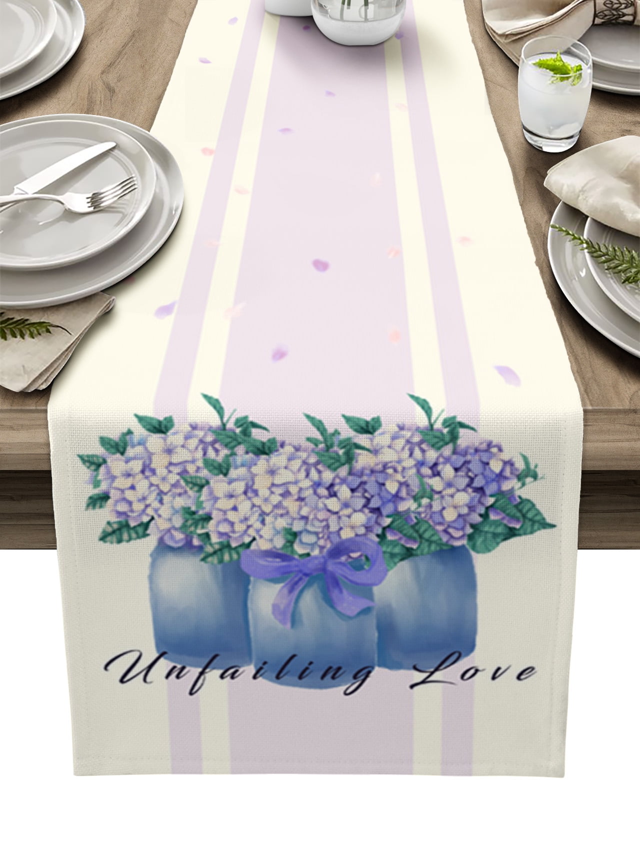 Hydrangea Mason Jar Stripes Table Runner Wedding Holiday Party Dining Table Cover Cloth Placemat ...