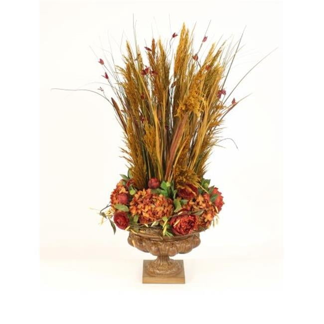 Hydrangea, Peony Mix with Natural Grasses in Round Fiberglass Urn ...