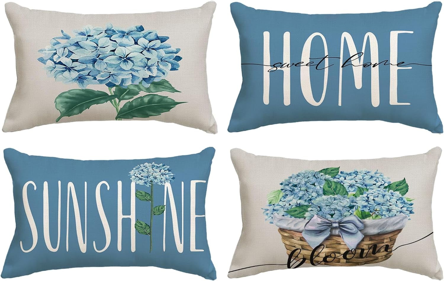 Hydrangea Pillow Covers 12x20 Set of 4 Summer Throw Pillow Covers Blue ...
