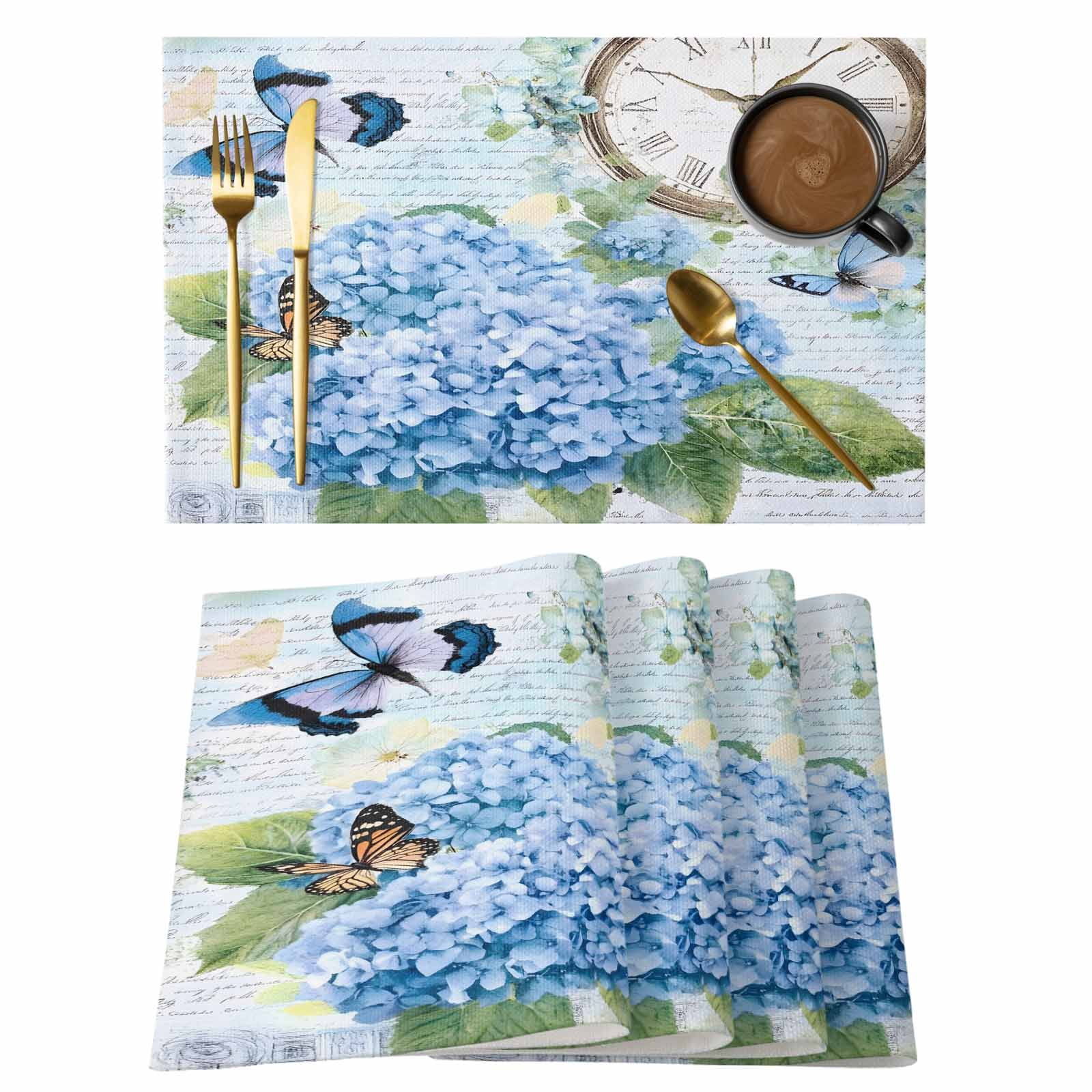 Hydrangea Placemats Set of 12, Vintage Clock Blue Butterfly Non-Slip ...