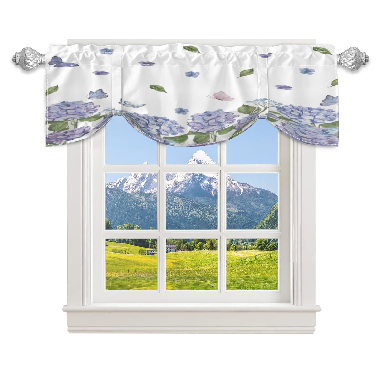 Hydrangea Purple Floral Short Window Curtain Adjustable Tie Up Valance for Living Room Kitchen ...