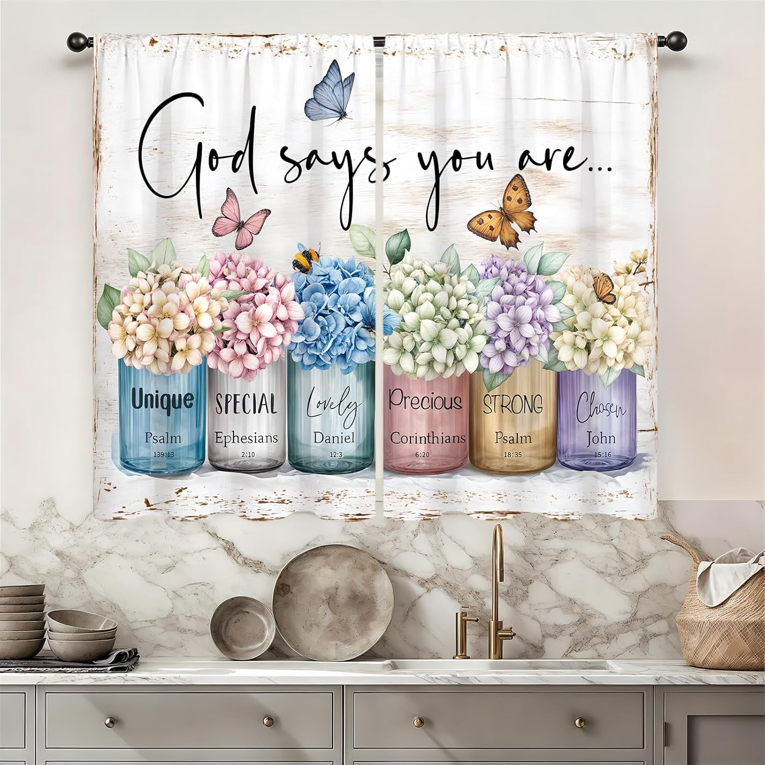 Hydrangea Religious Floral Kitchen Curtain 27.5W X 39L Inch 2 Panels ...