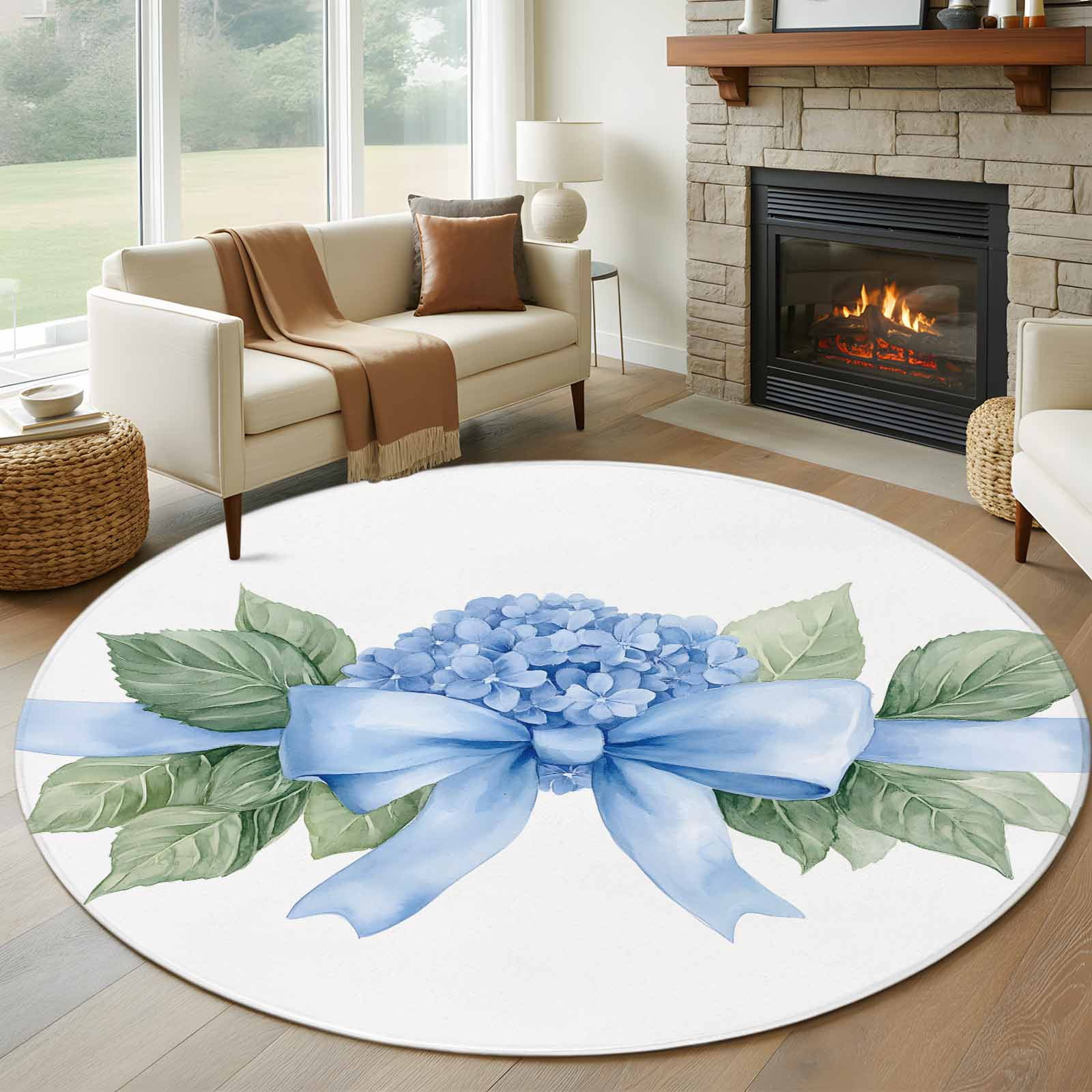 Hydrangea Spring Round Area Rug 6 FT, Non Slip Bedroom Rugs, Idyllic ...