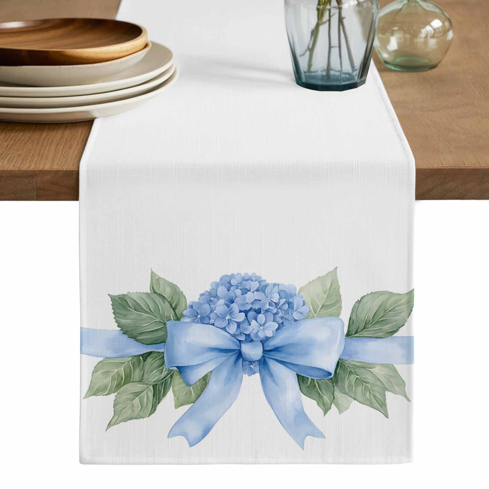 Hydrangea Spring Table Runner, Idyllic Flower Floral Bow Plant Leaf ...