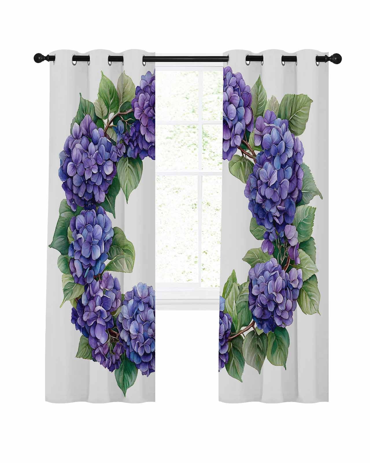 Hydrangea Wreath Blackout Curtains 96 Inch Length Spring Purple Flowers ...
