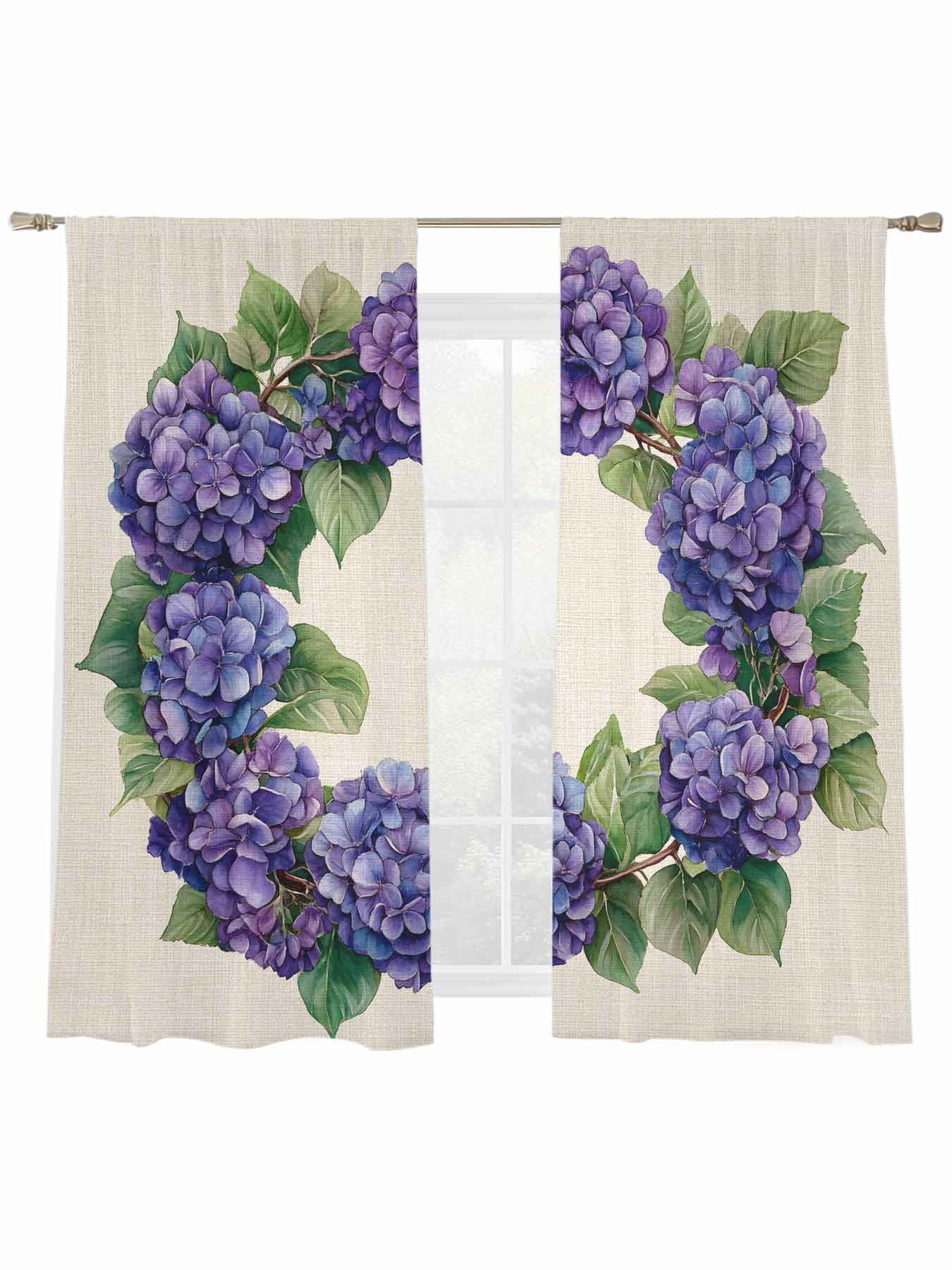 Hydrangea Wreath Sheer Curtains 2 Panels Set Spring Purple Flowers ...