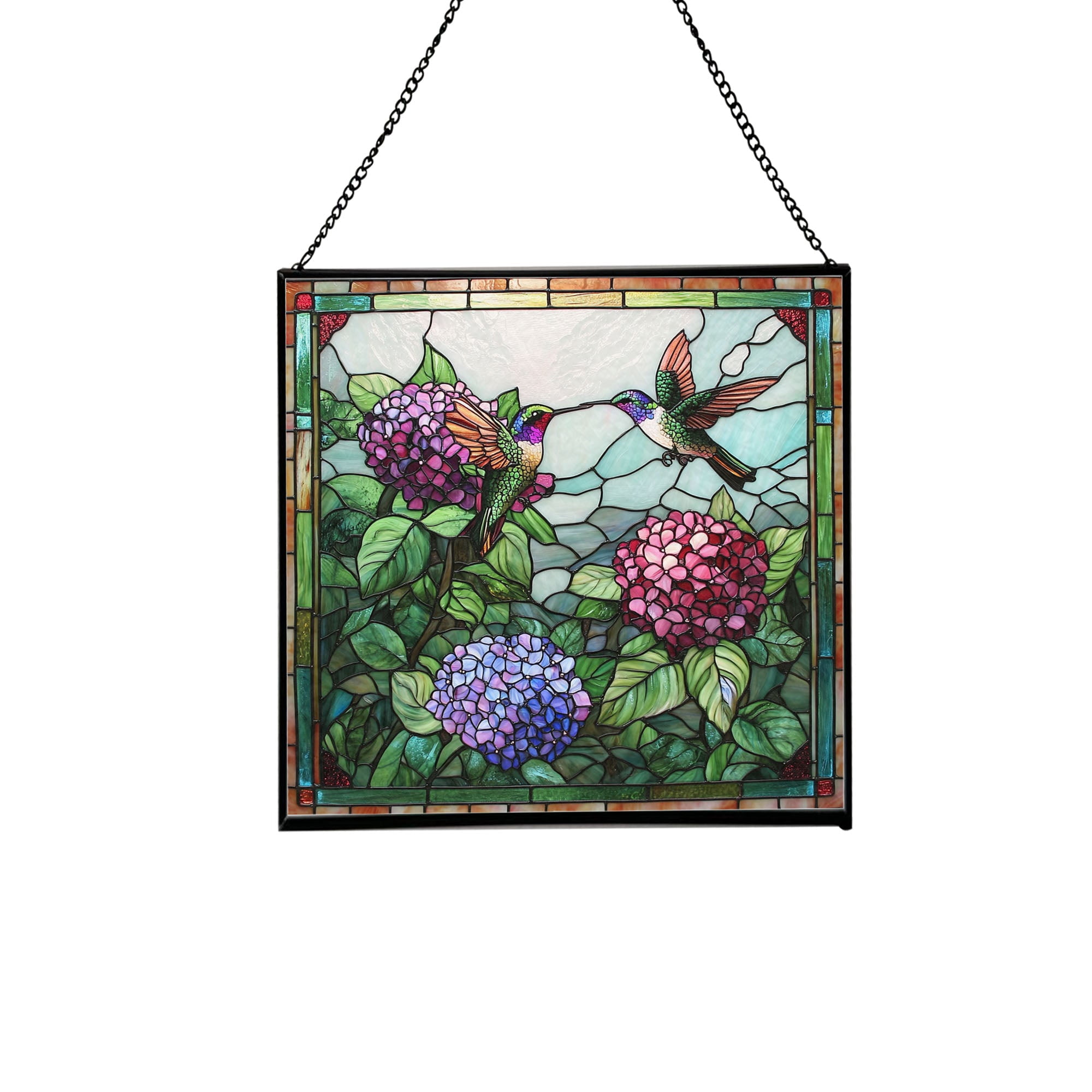 Hydrangea and Hummingbirds Stained Glass Panels Window Hangings Tiffany ...