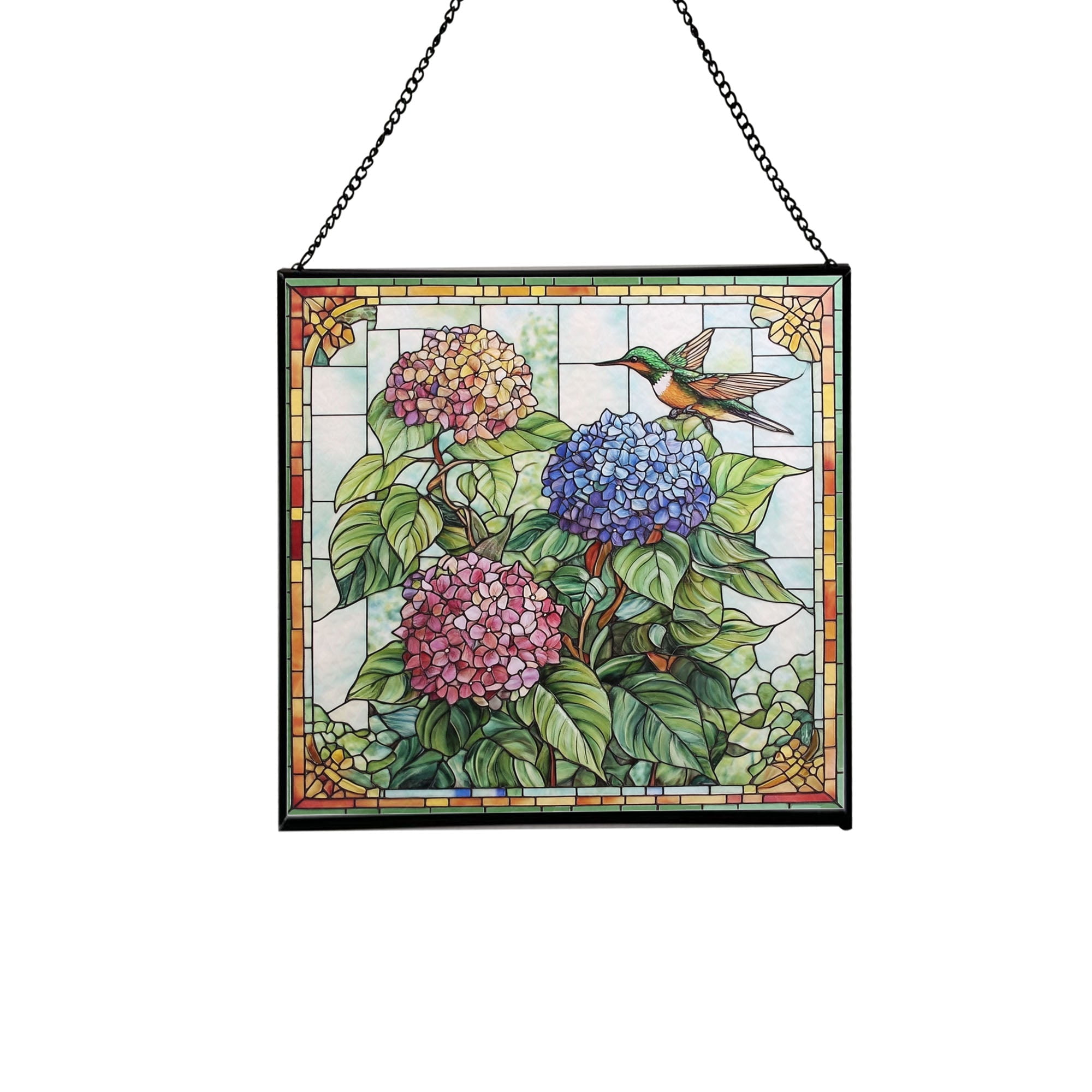 Hydrangea and Hummingbirds Stained Glass Panels Window Hangings Tiffany ...