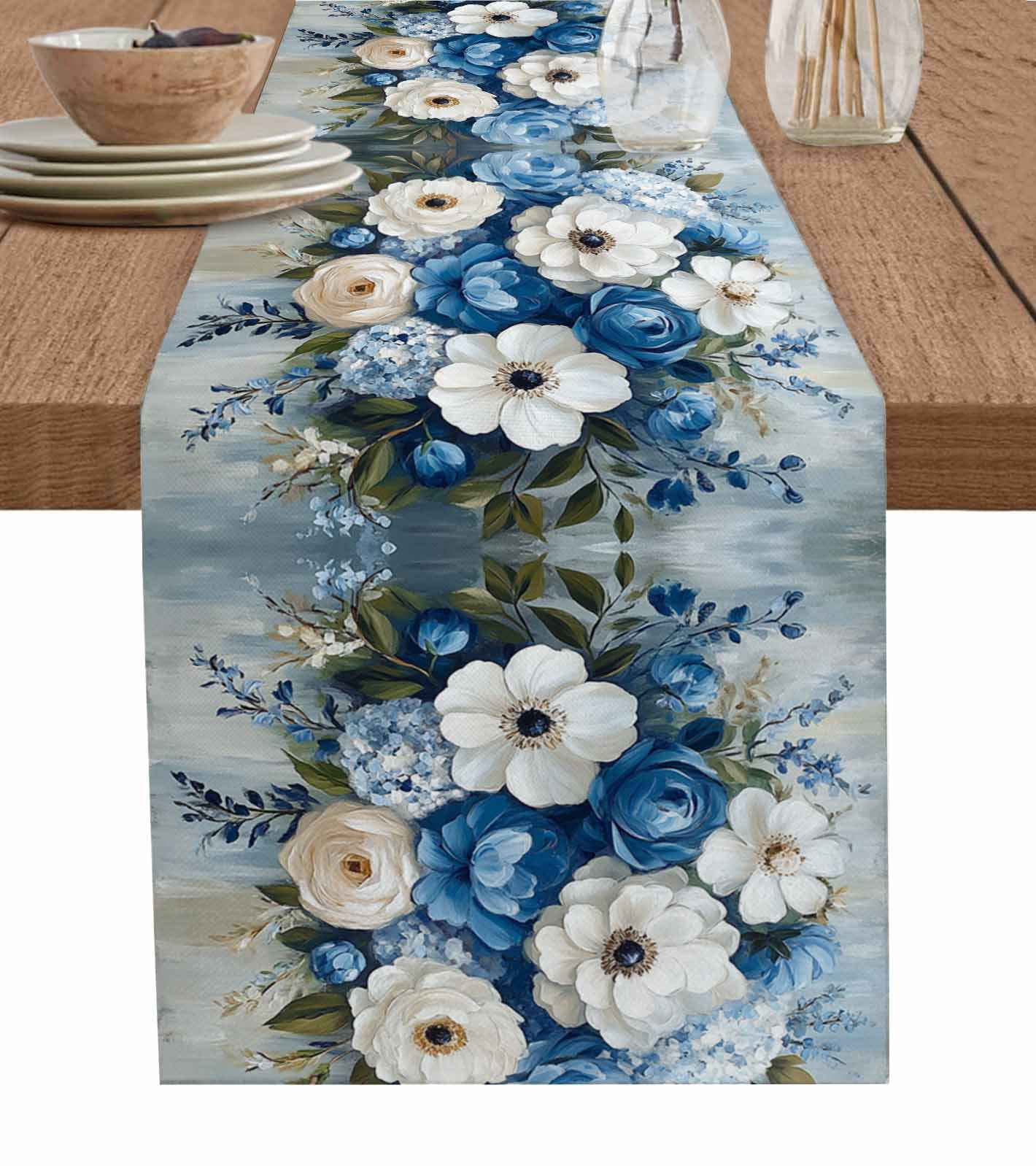 Hydrangeas Flower Burlap Cotton Table Runner 18x72 Inches Long, Blue ...
