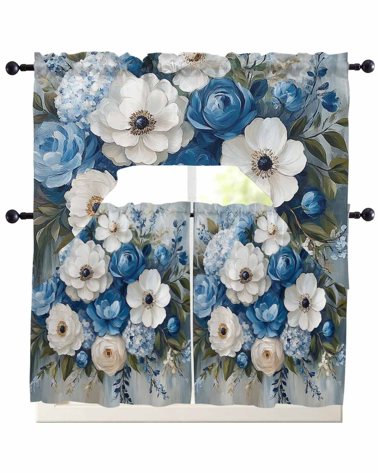 Hydrangeas Flower Kitchen Curtains Swag Valance and Tier Curtains Set ...