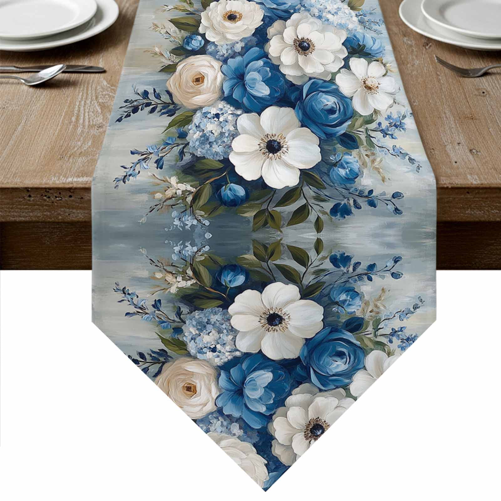 Hydrangeas Flower Table Runner Linen Burlap Table Runner 108 Inches ...