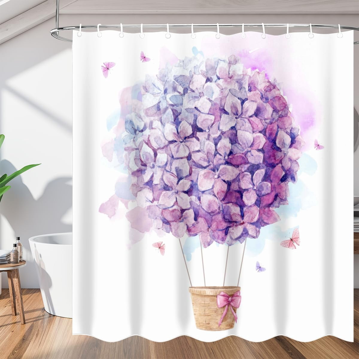 Hydrangeas Lilac Ball Shower Curtain Fabric Shower Curtain Set with 12 ...