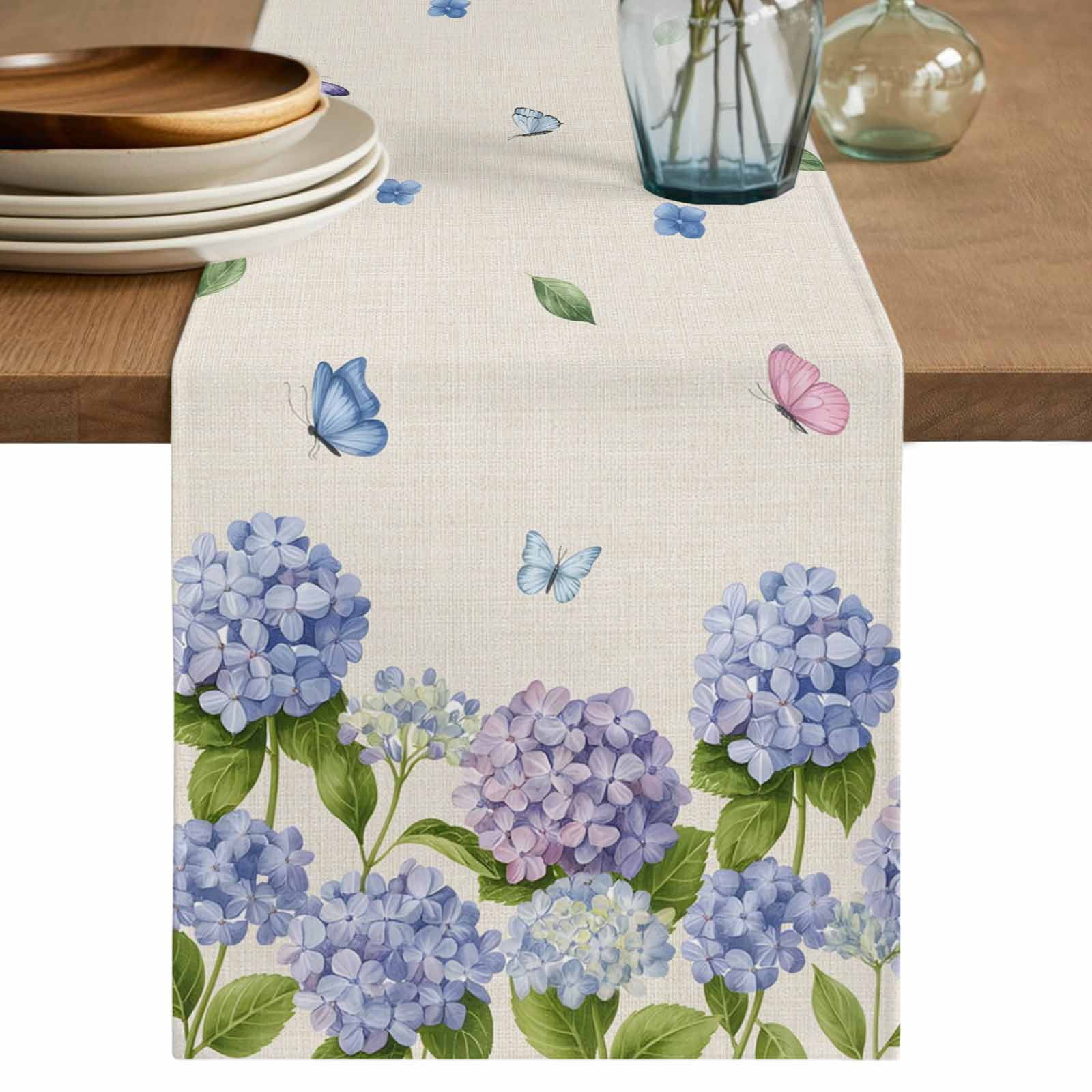 Hydrangeas Table Runner 108 Inches, Purple Floral Butterfly Leaves ...