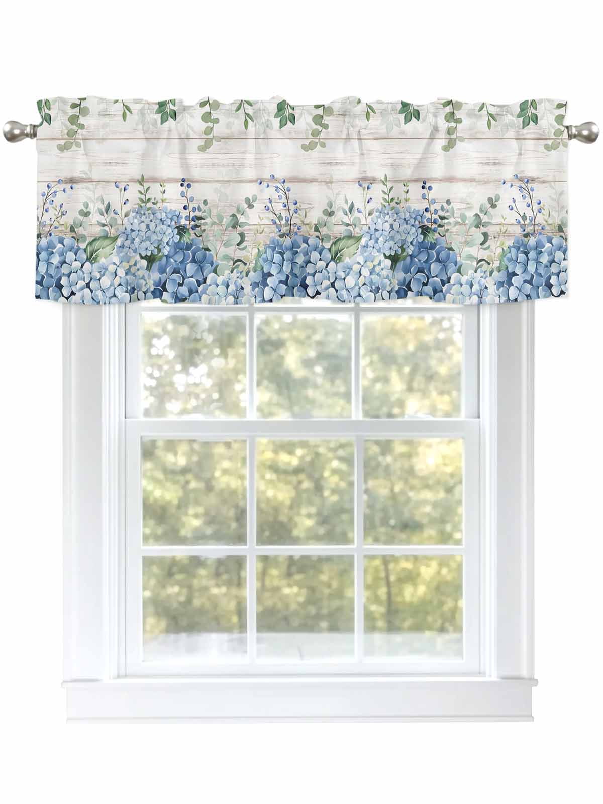 Hydrangeas Window Valances for Kitchen, Eucalyptus Leaves White Wood ...