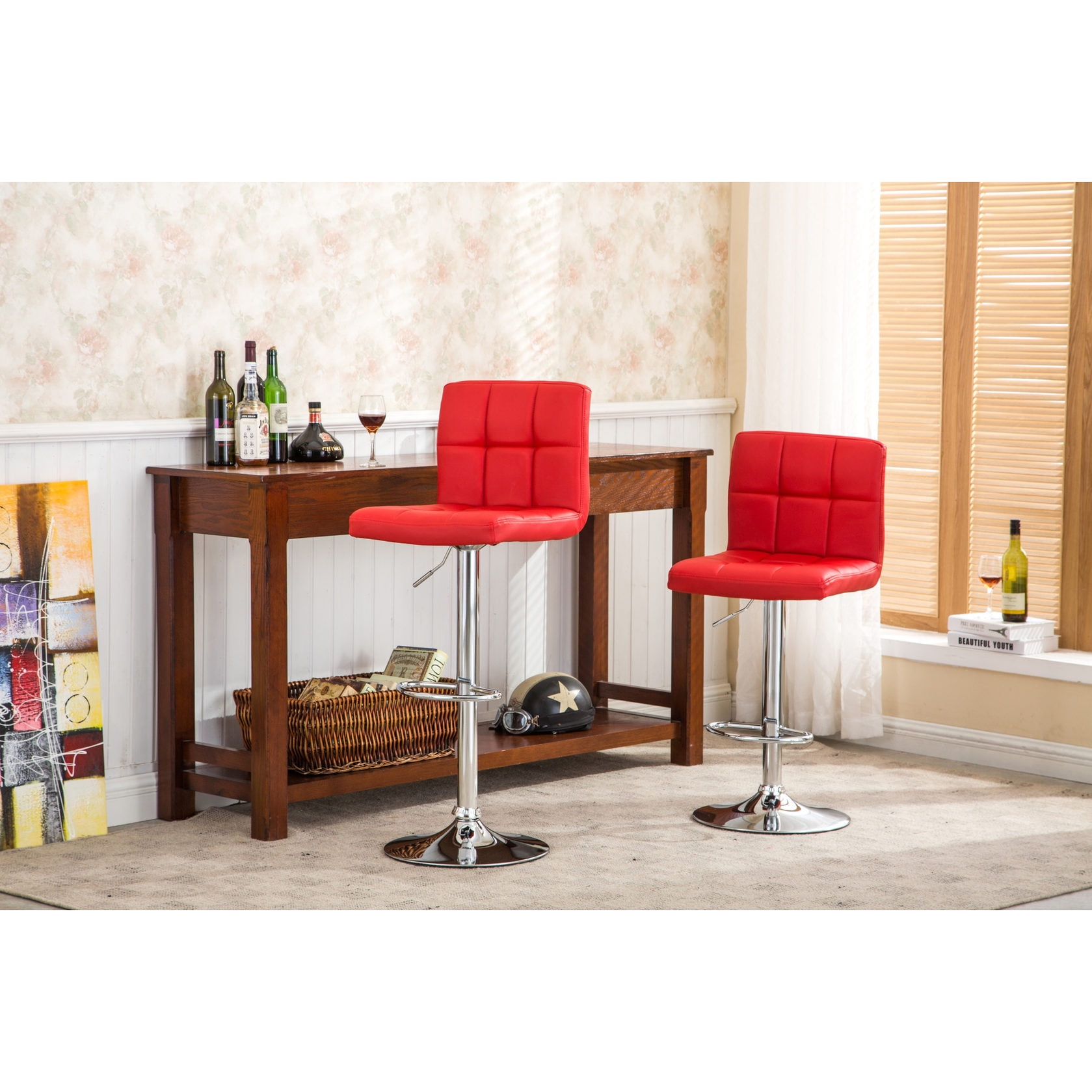 Hydraulic Adjustable Red Faux Leather Bar Stool with 360° Rotation ...