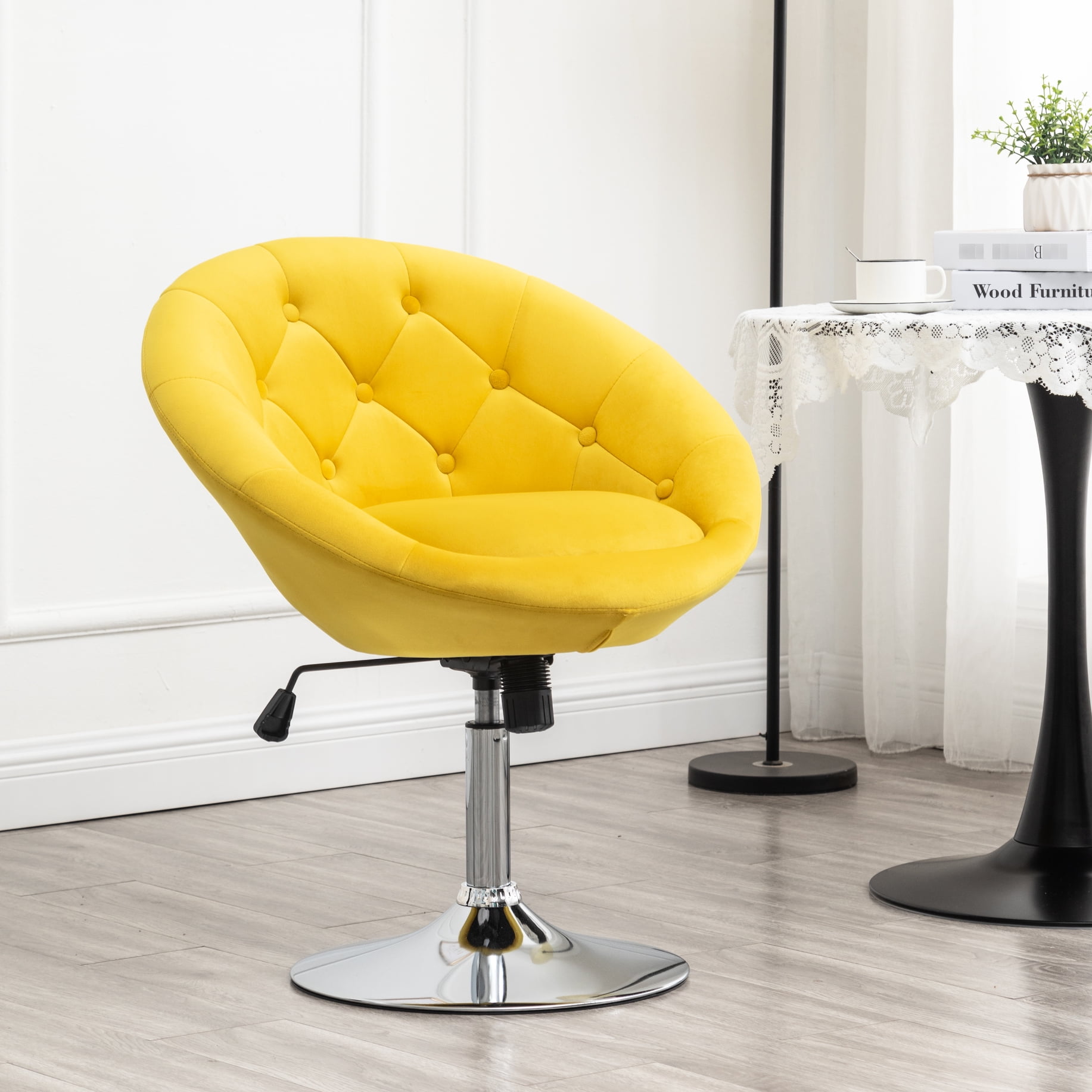 Hydraulic Base Velvet Chair In Yellow With Details And Swivel Function ...