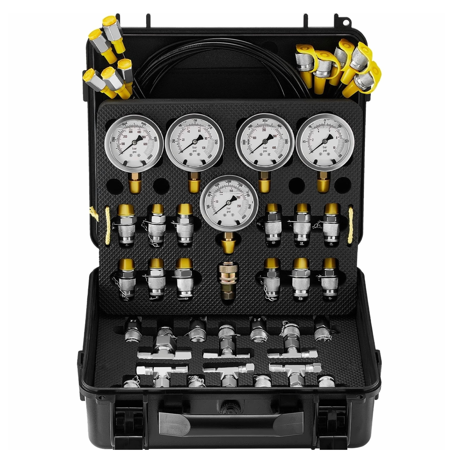 Hydraulic Pressure Test Kit, 10-10000 PSI Gauges, 13 Couplings, 14 Tees ...