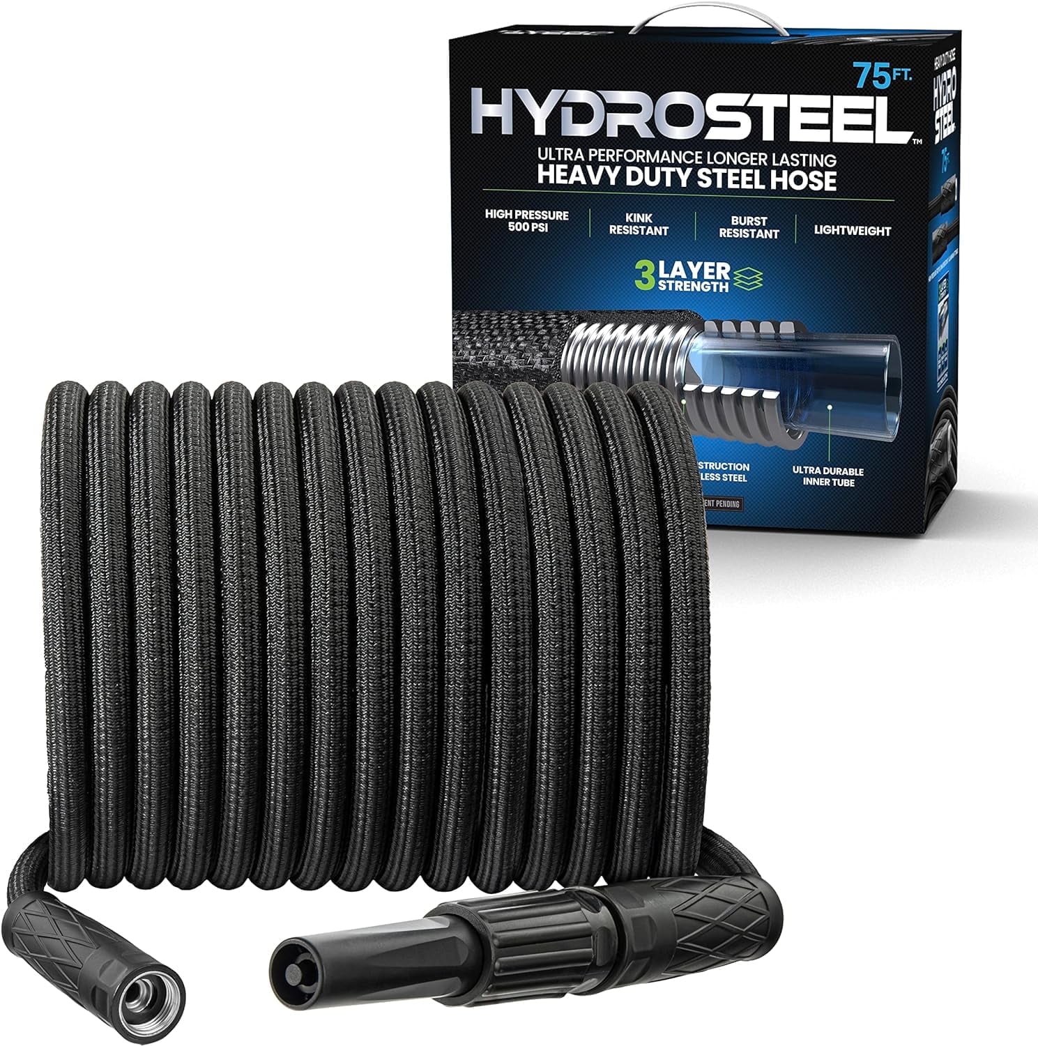 Hydrosteel 75Ft Garden Hose, 3-Layer Stainless Steel, Heavy Duty, Flexible, Long, Safe, Flat ...