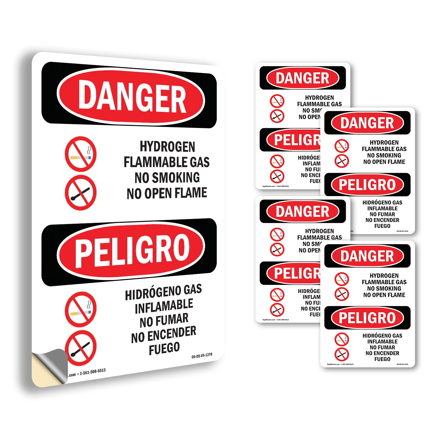 Hydrogen Flammable Gas No Smoking Bilingual OSHA Danger Vinyl Decal ...