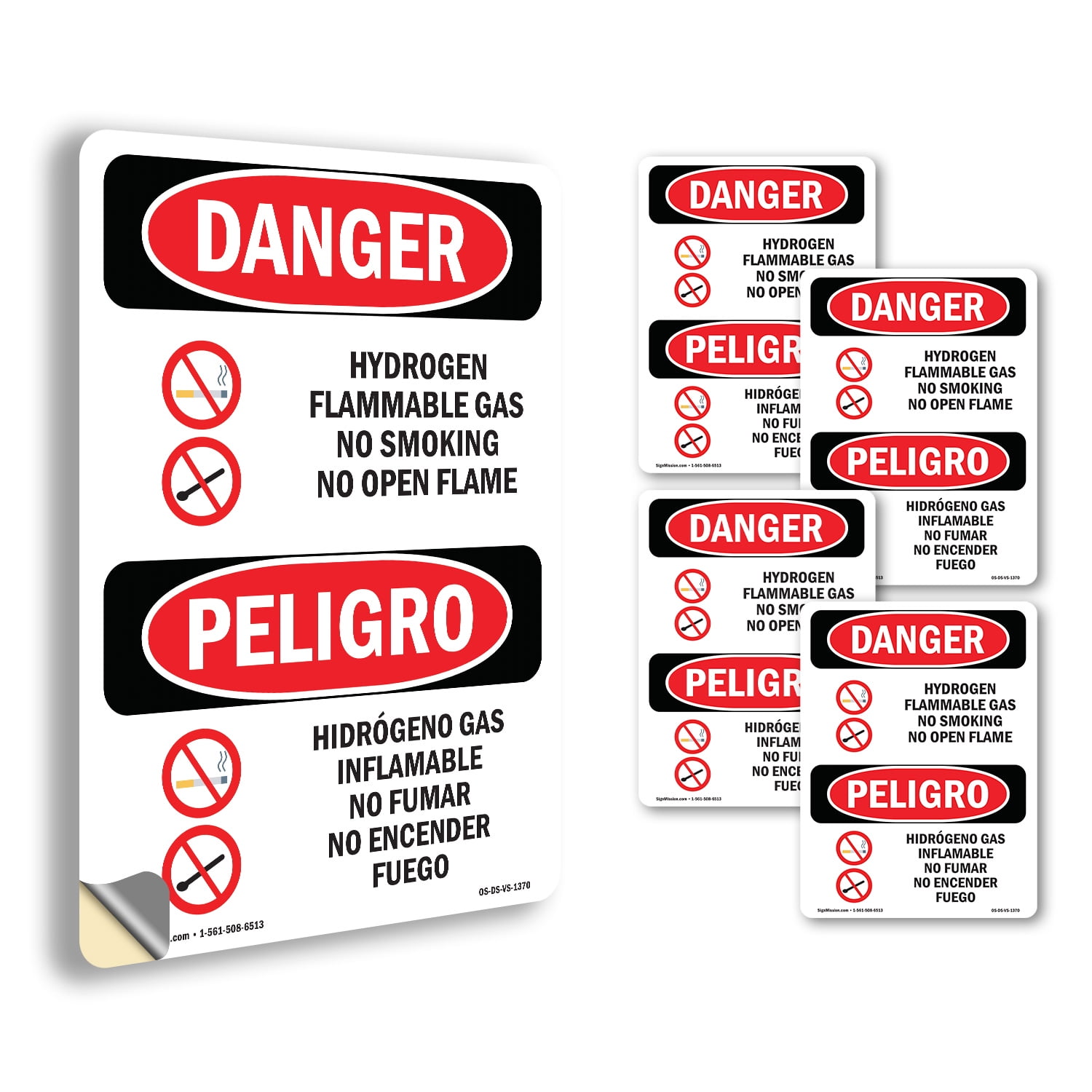 Hydrogen Flammable Gas No Smoking Bilingual OSHA Danger Vinyl Decal ...