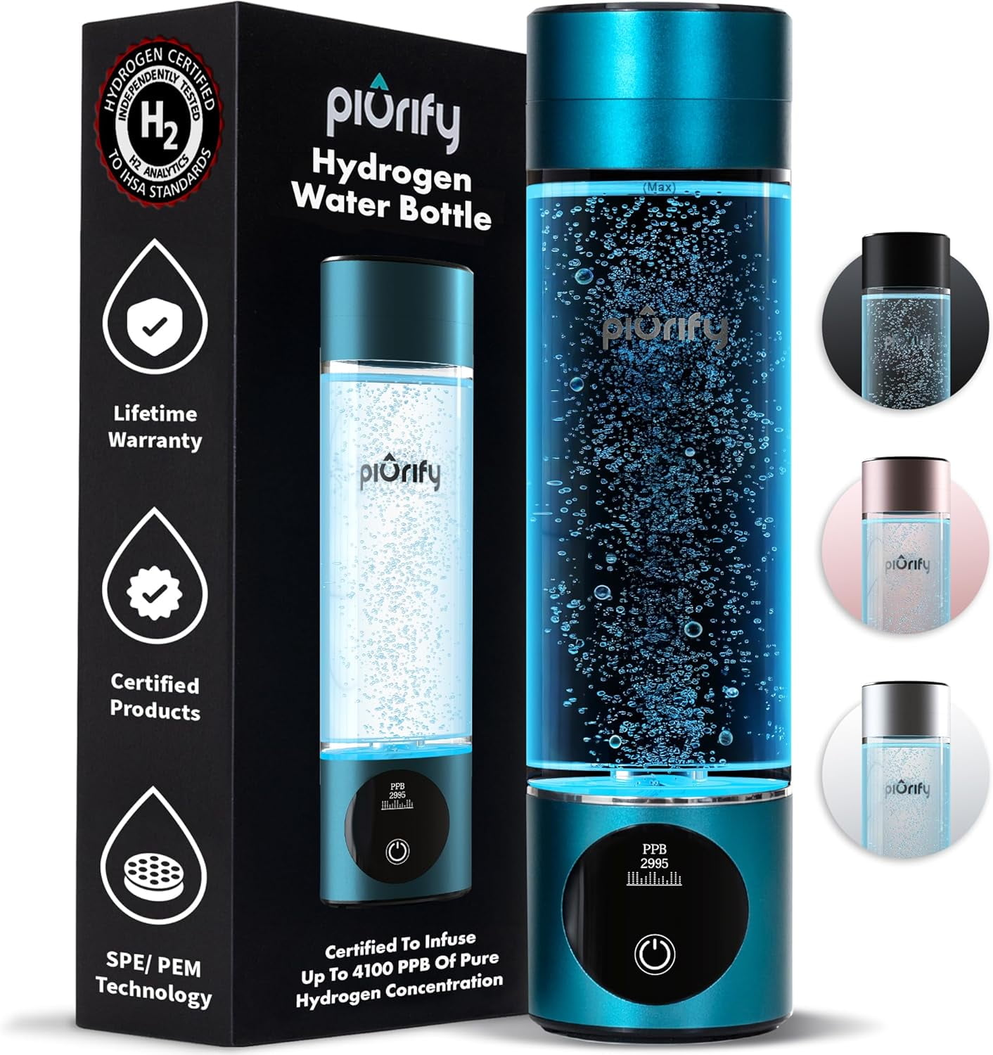 Hydrogen Water Bottle Generator - Up to 4100+ PPB Concentration - SPE/PEM Technology - Certified ...
