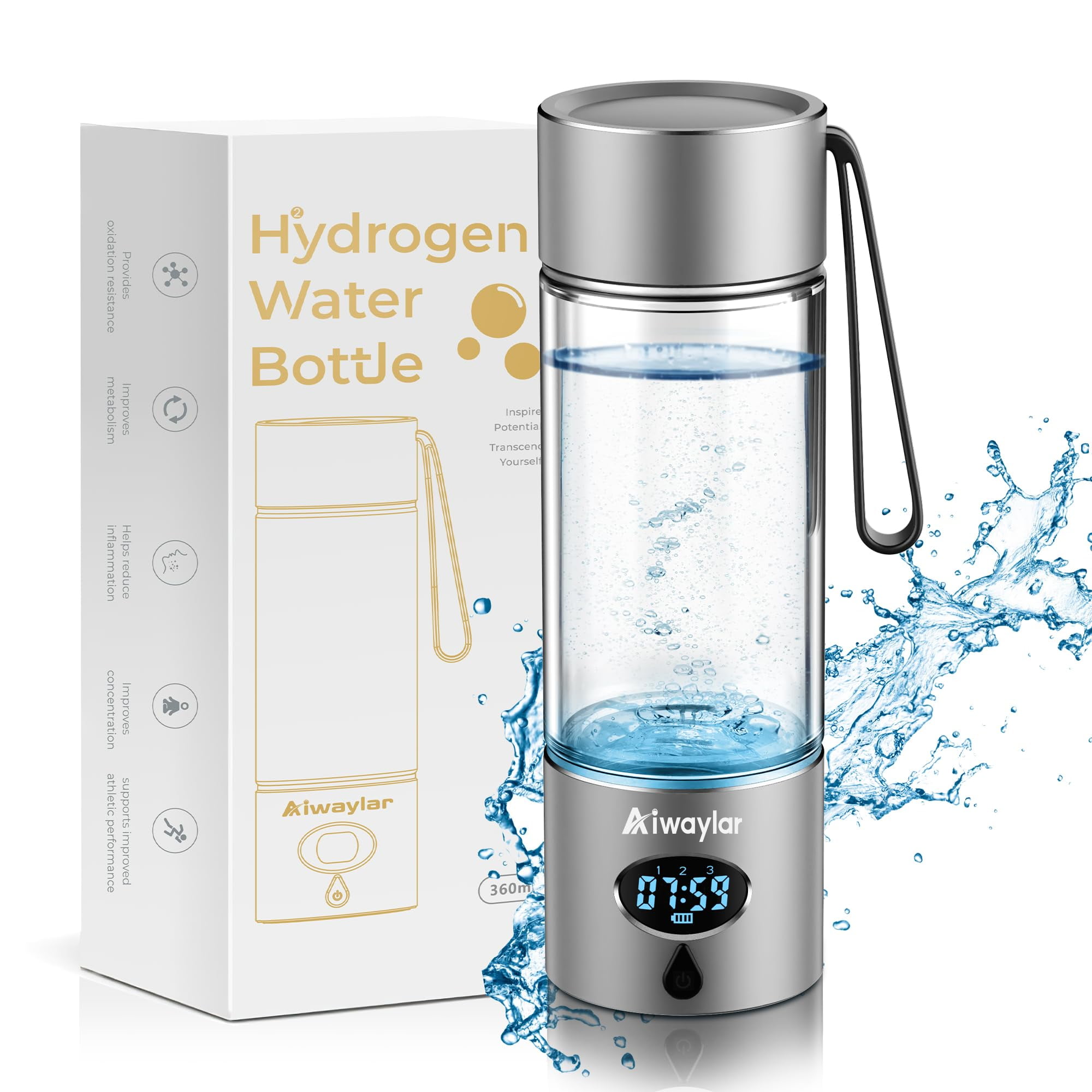 Hydrogen Water Bottle - Portable, Rechargeable, LED Timer,3 Work 5000PPB,Aluminum and Glass ...