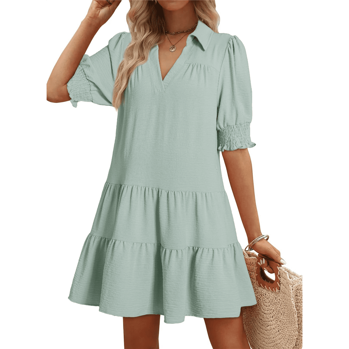 Women's V-Neck Button Down Collar Dress - 3/4 Sleeve Ruffled Summer ...