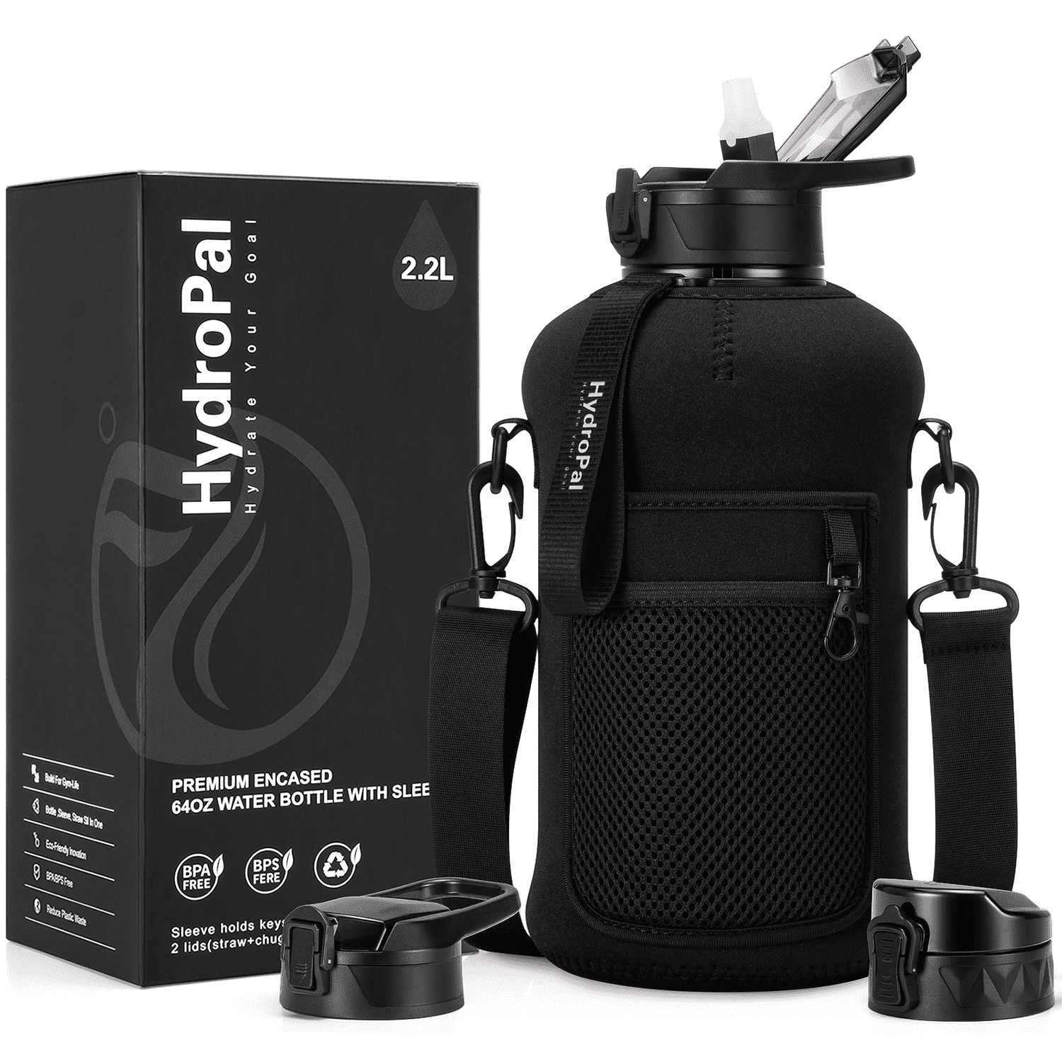 Hydropal 64oz Water Bottle with Straw & Spout Lid, Protective Sleeve ...