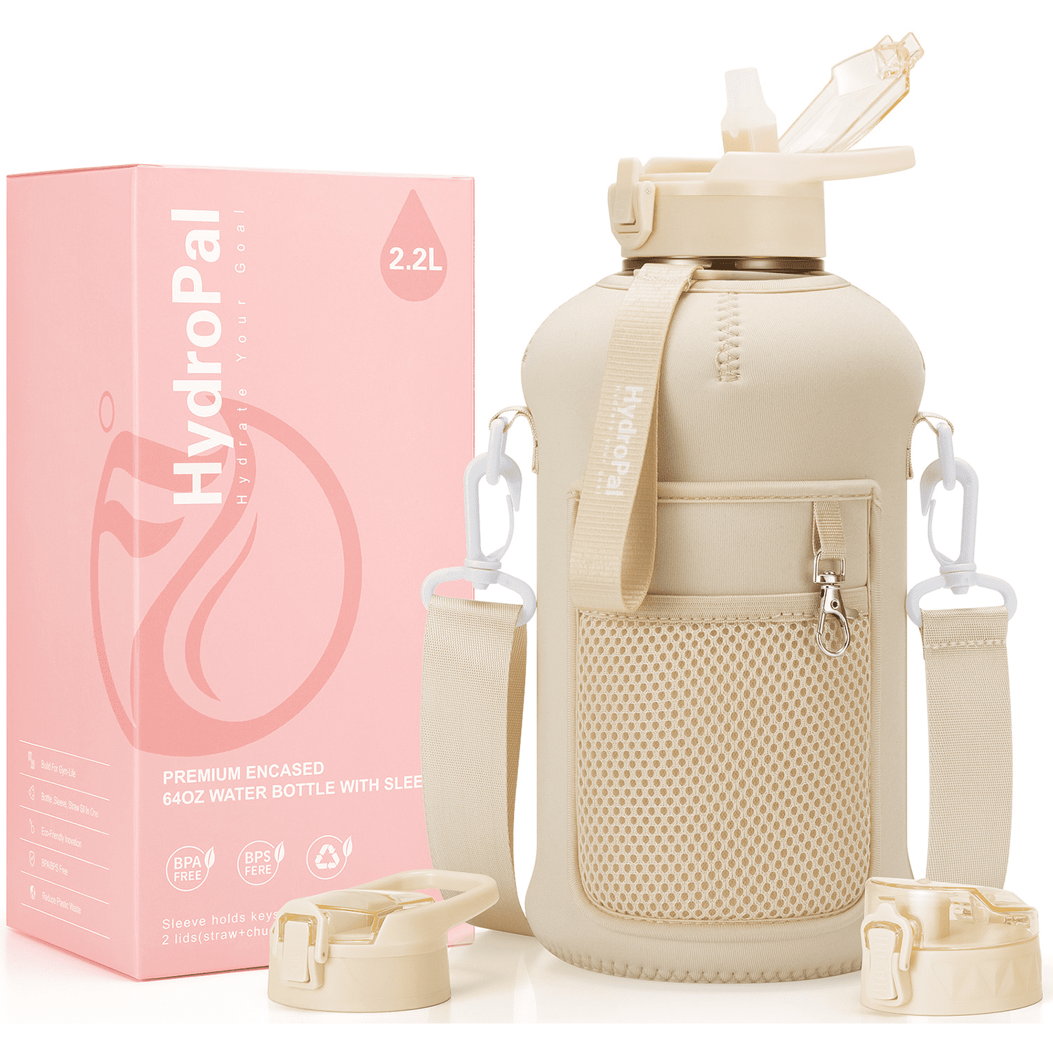 Hydropal 64oz Water Bottle with Straw & Spout Lid, Protective Sleeve ...