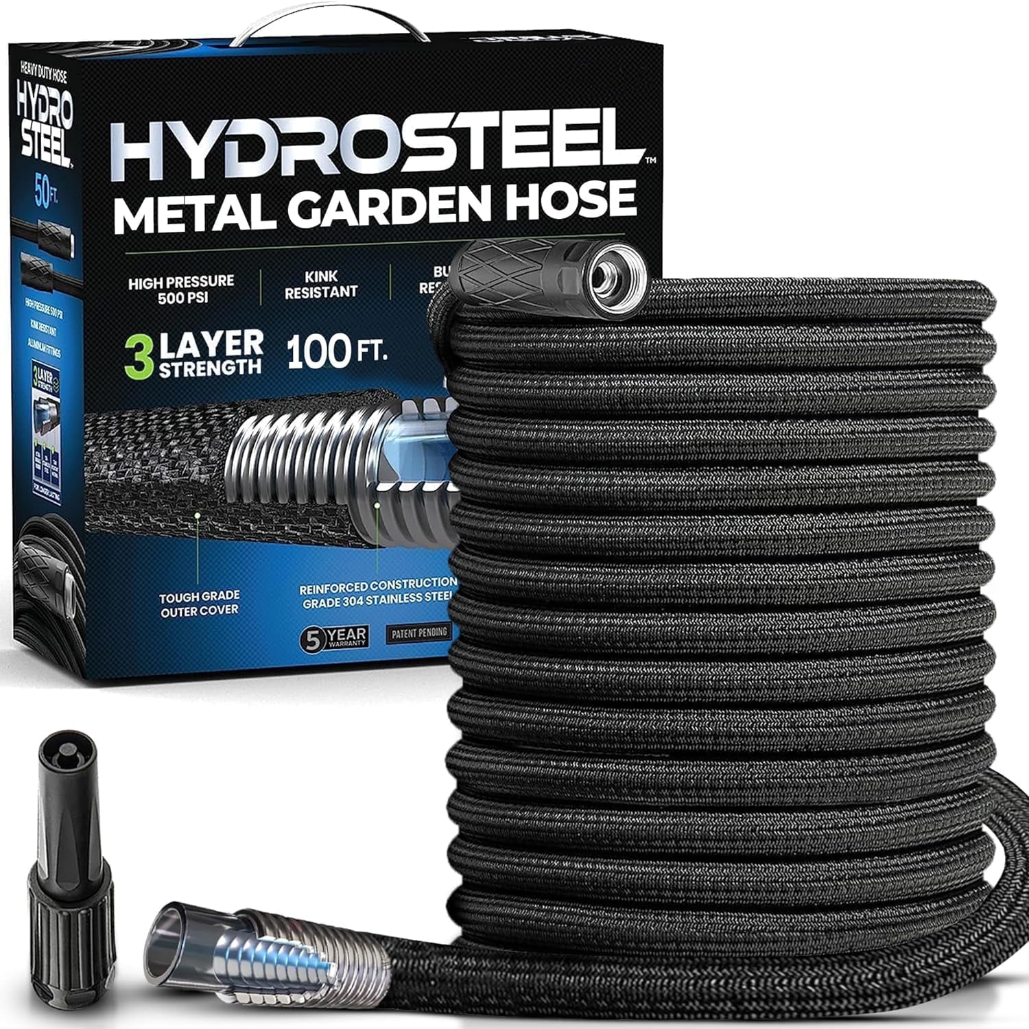 Hydrosteel 100ft Garden Hose Heavy Duty Triple Layered Lightweight ...
