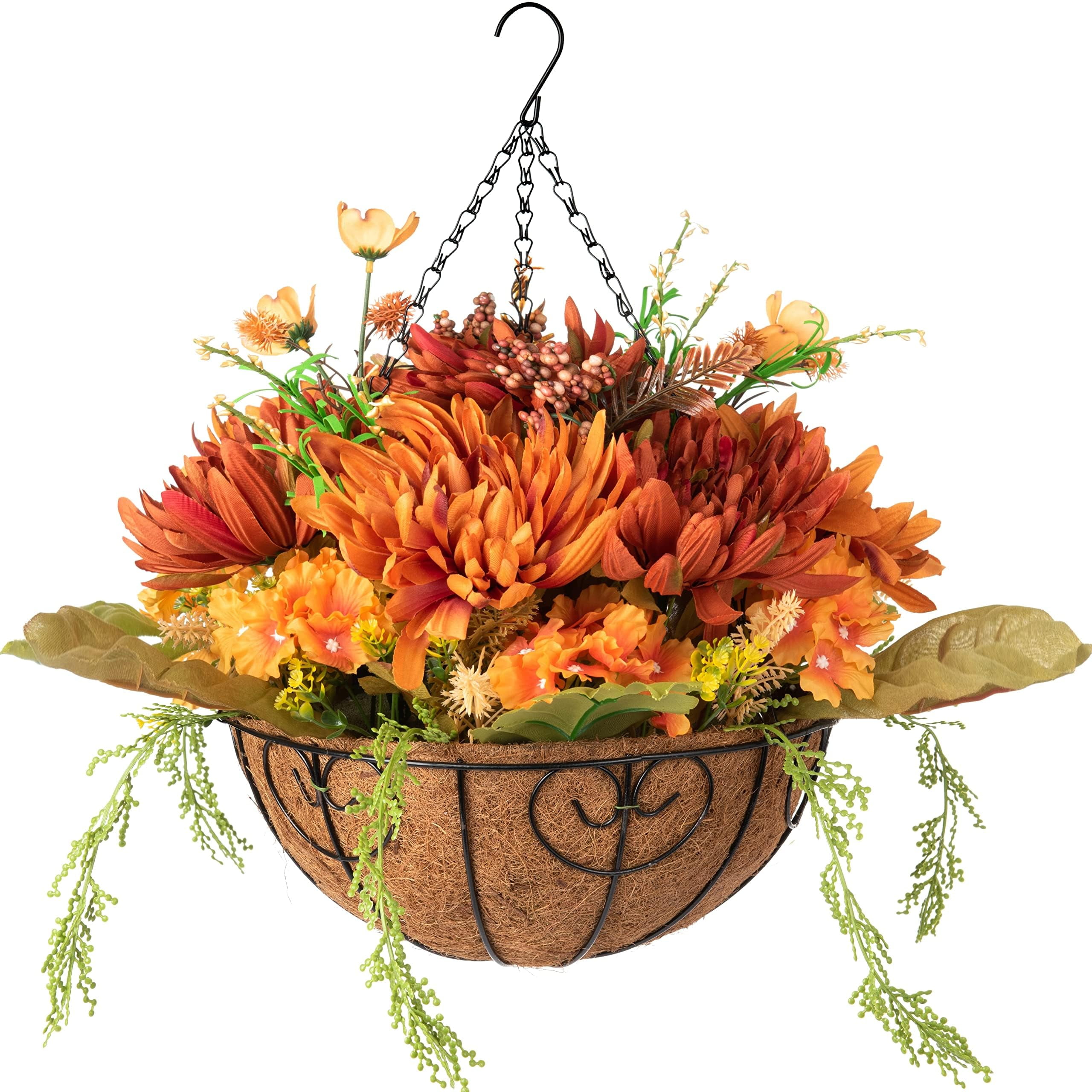 HyeFlora Artificial Fake Fall Hanging Mums Flowers Plants Baskets for ...