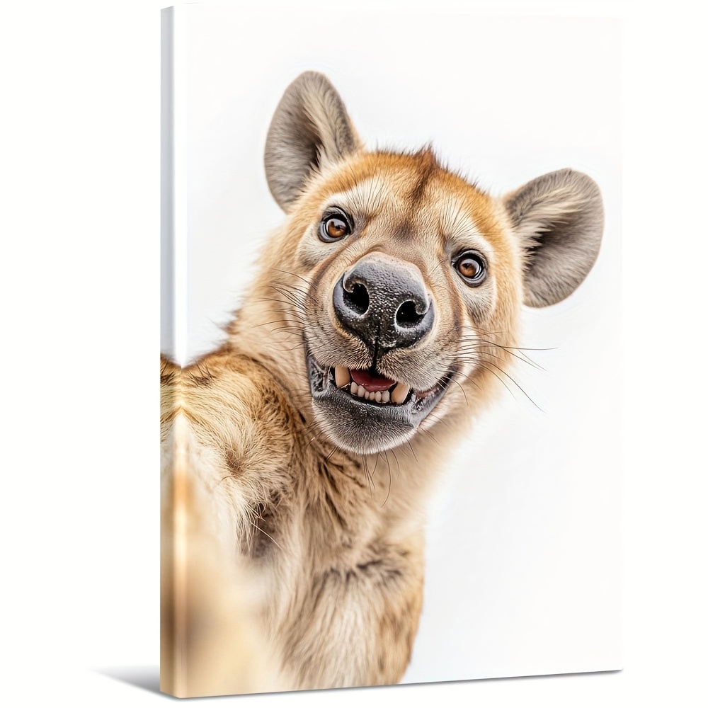 Hyena With Open Mouth Against White Large Wooden Framed Wall Art Home ...