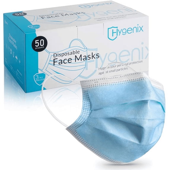 Hygenix Disposable 3-Ply Face Masks, Unisex Daily Use, 50 Pack, Secure ...
