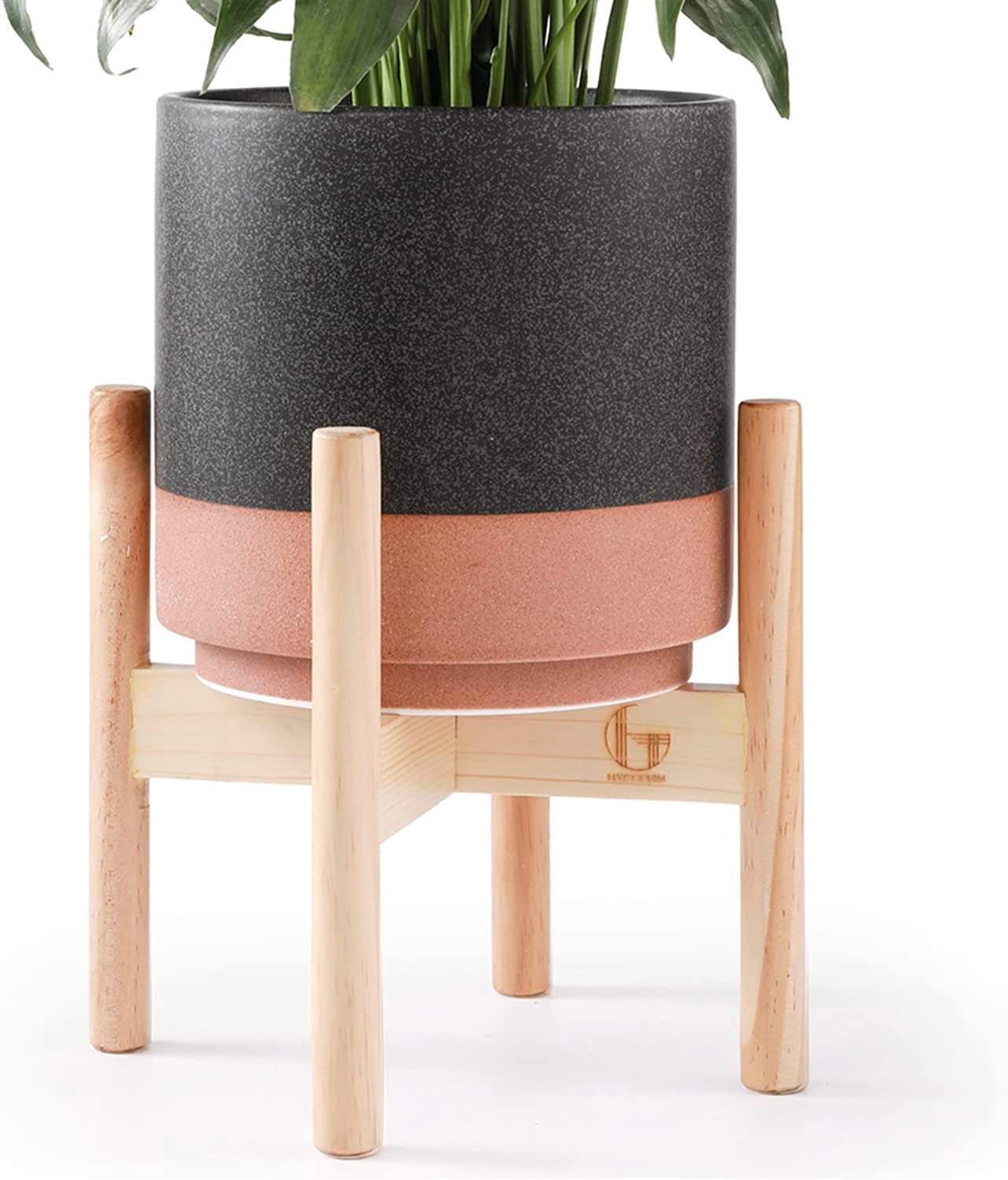 Hyggeism Ceramic Planter with Wood Stand, 7.3” Mid Century Modern ...