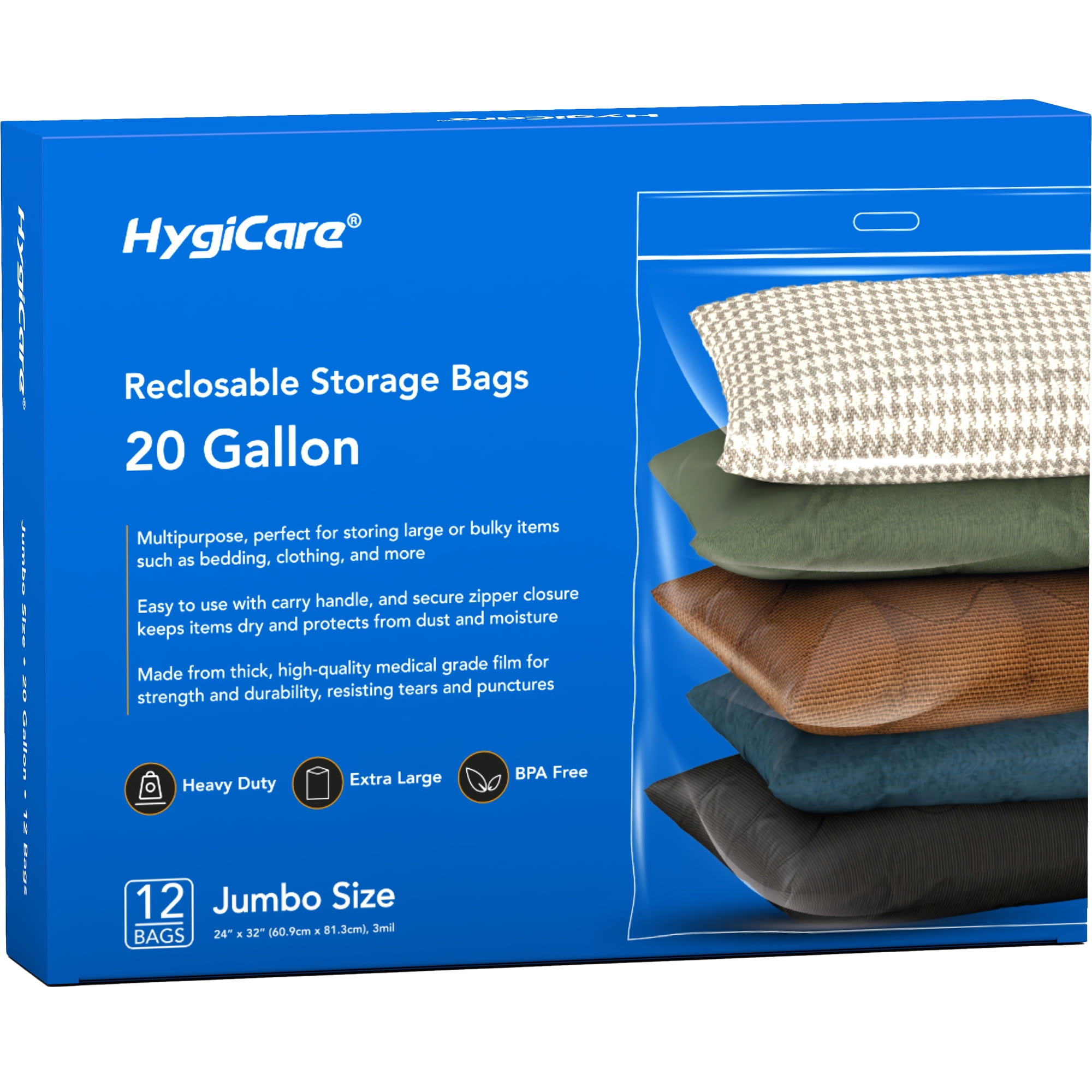 HygiCare Reclosable Storage Bags, 20 Gallon, 12 Count, Heavy Duty ...