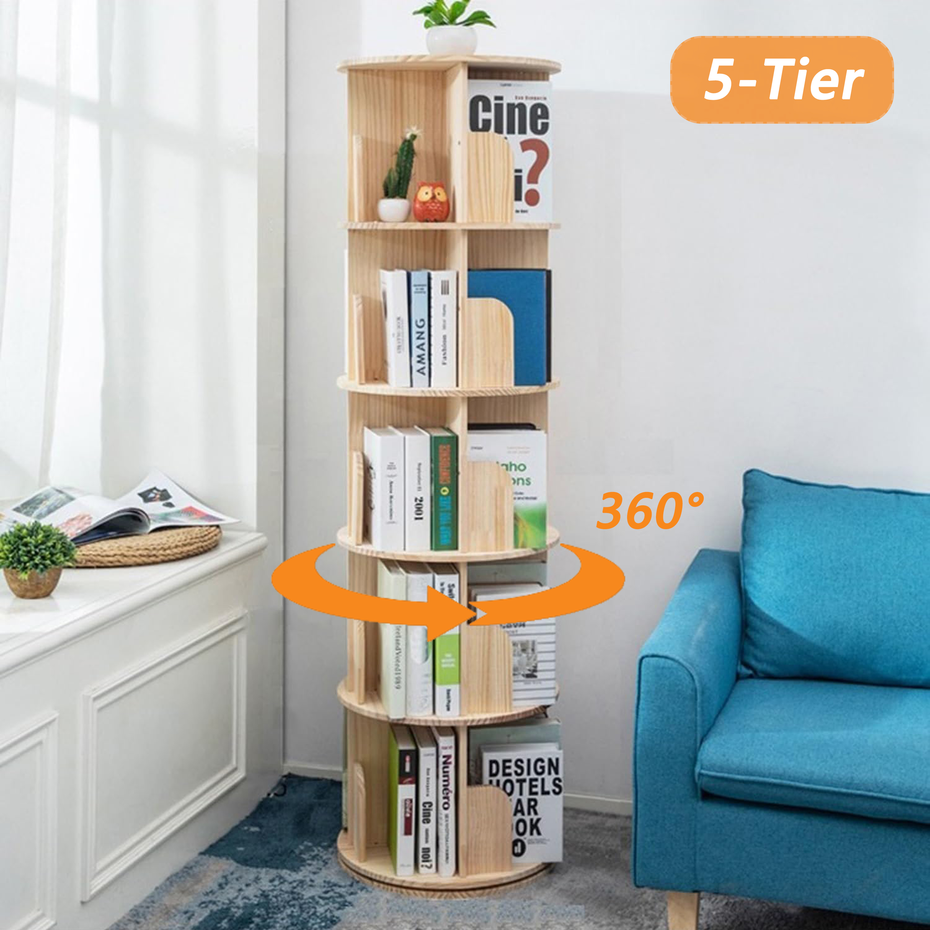 bimiti 5 Tier Rotating Bookshelf, 360° Revolving Bookcase 20 Shelves ...