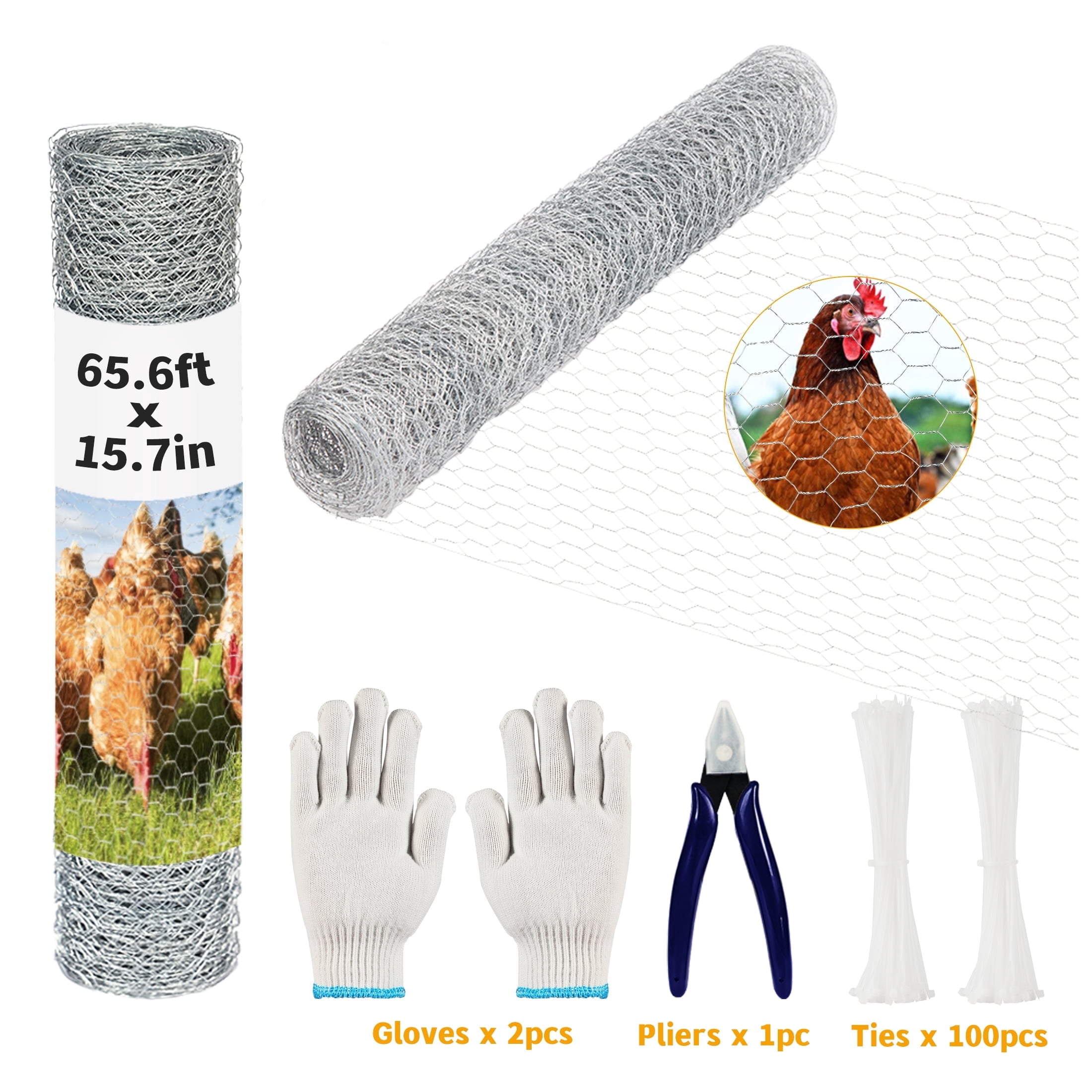 Hyindoor Galvanized Chicken Wire Mesh Set, 65.6ft x 15.7in, Hexagonal ...