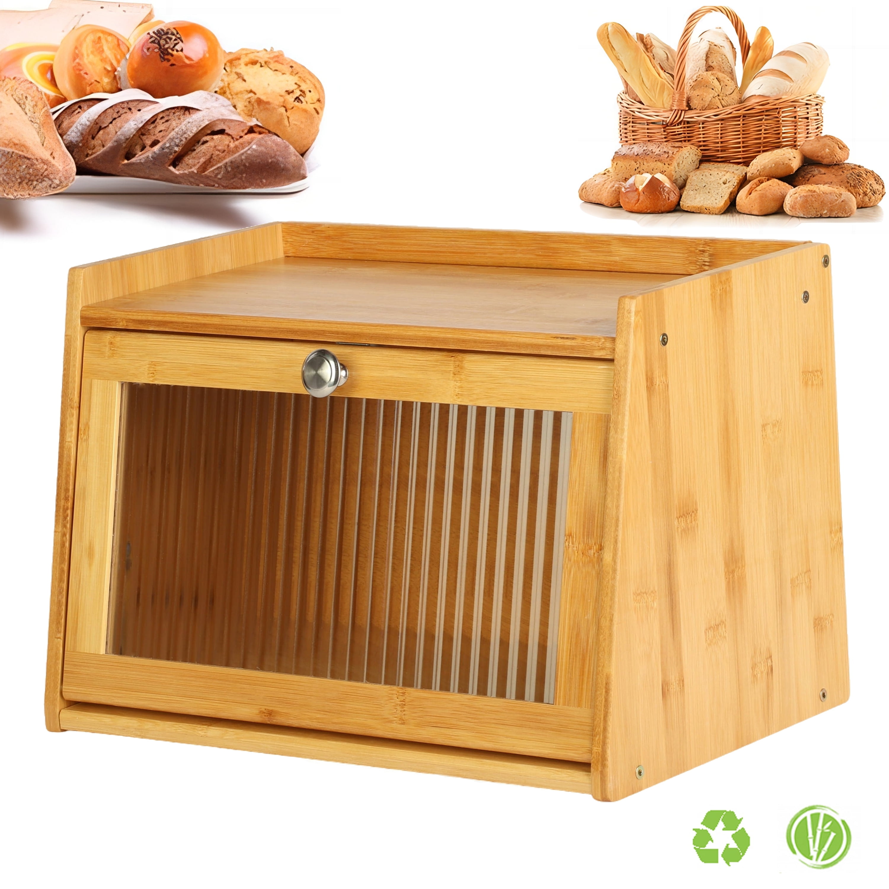 Hyindoor Double Layer Bamboo Bread Box with Acrylic Window for Kitchen ...